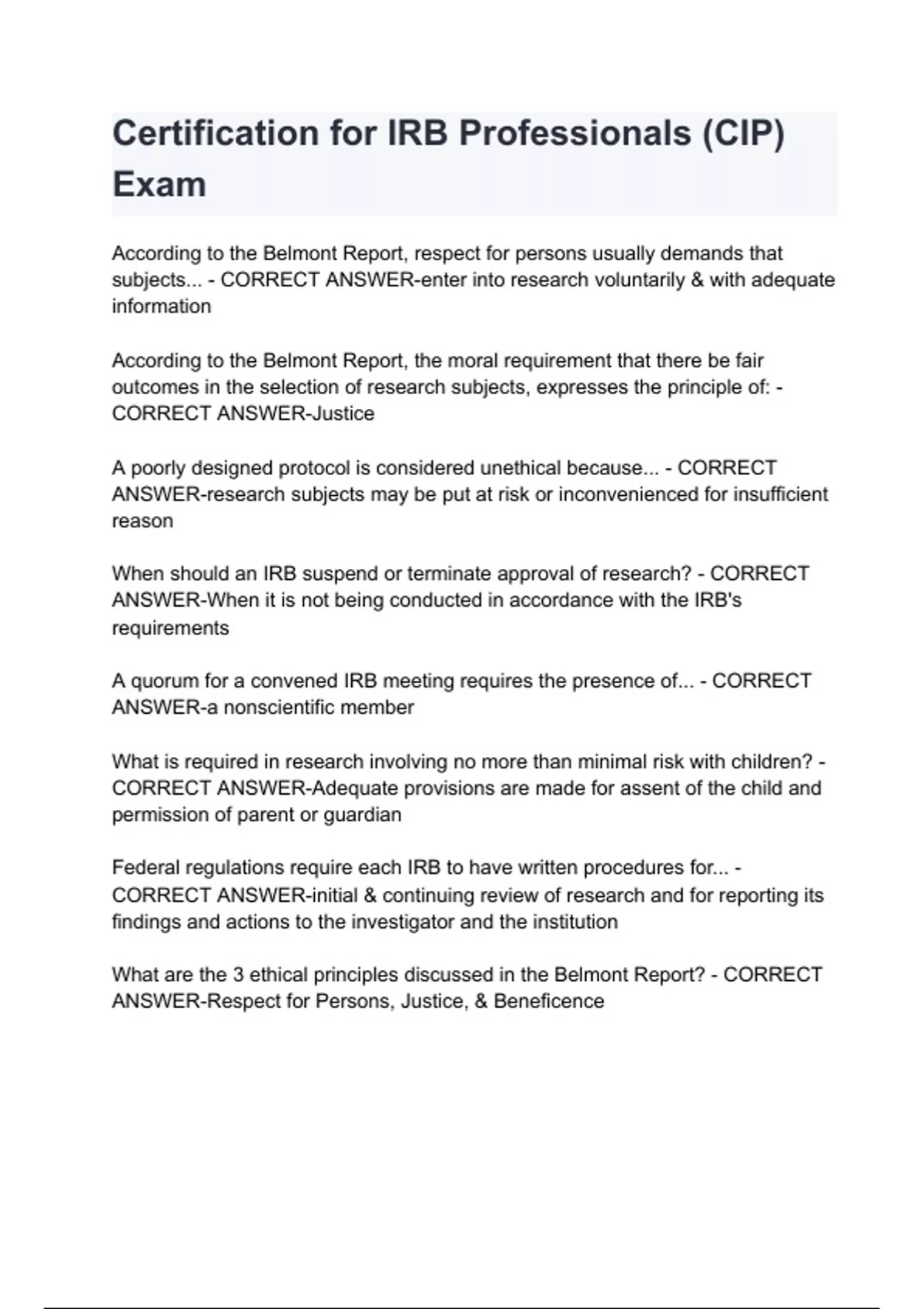 Certification for IRB Professionals (CIP) Exam - Certification for IRB Professionals Em - Stuvia US