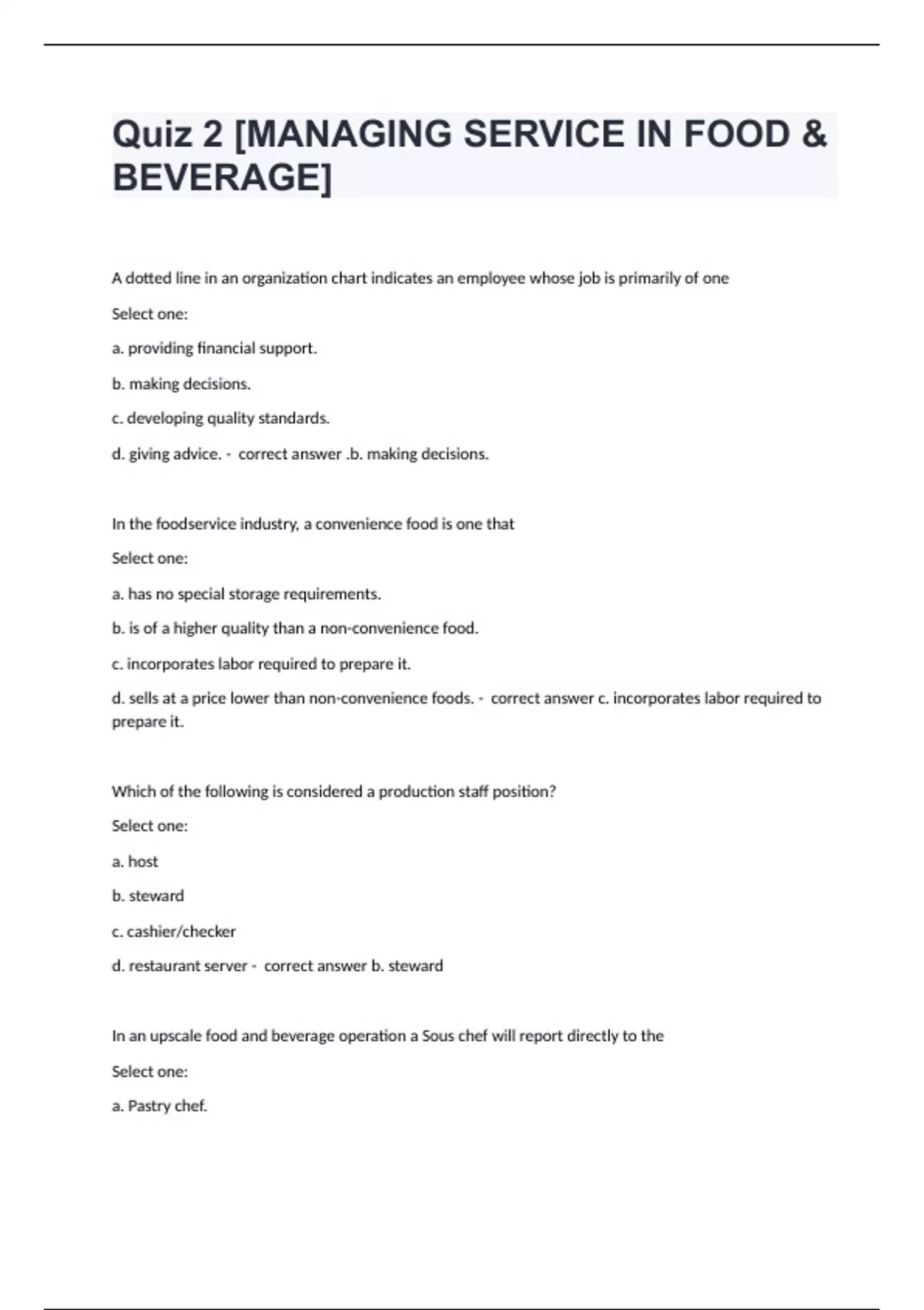 Quiz 2 [MANAGING SERVICE IN FOOD & BEVERAGE] Questions with complete ...