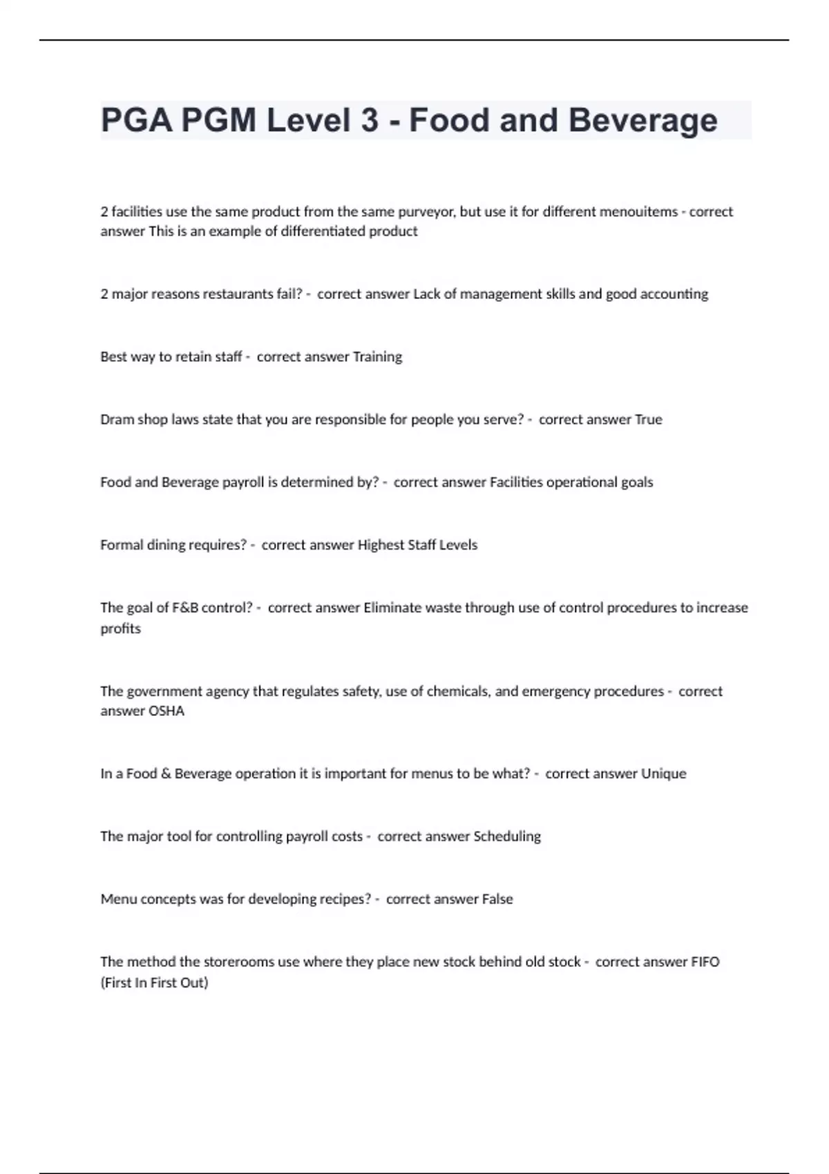PGA PGM Level 3 - Food and Beverage Question and answers 100% correct ...