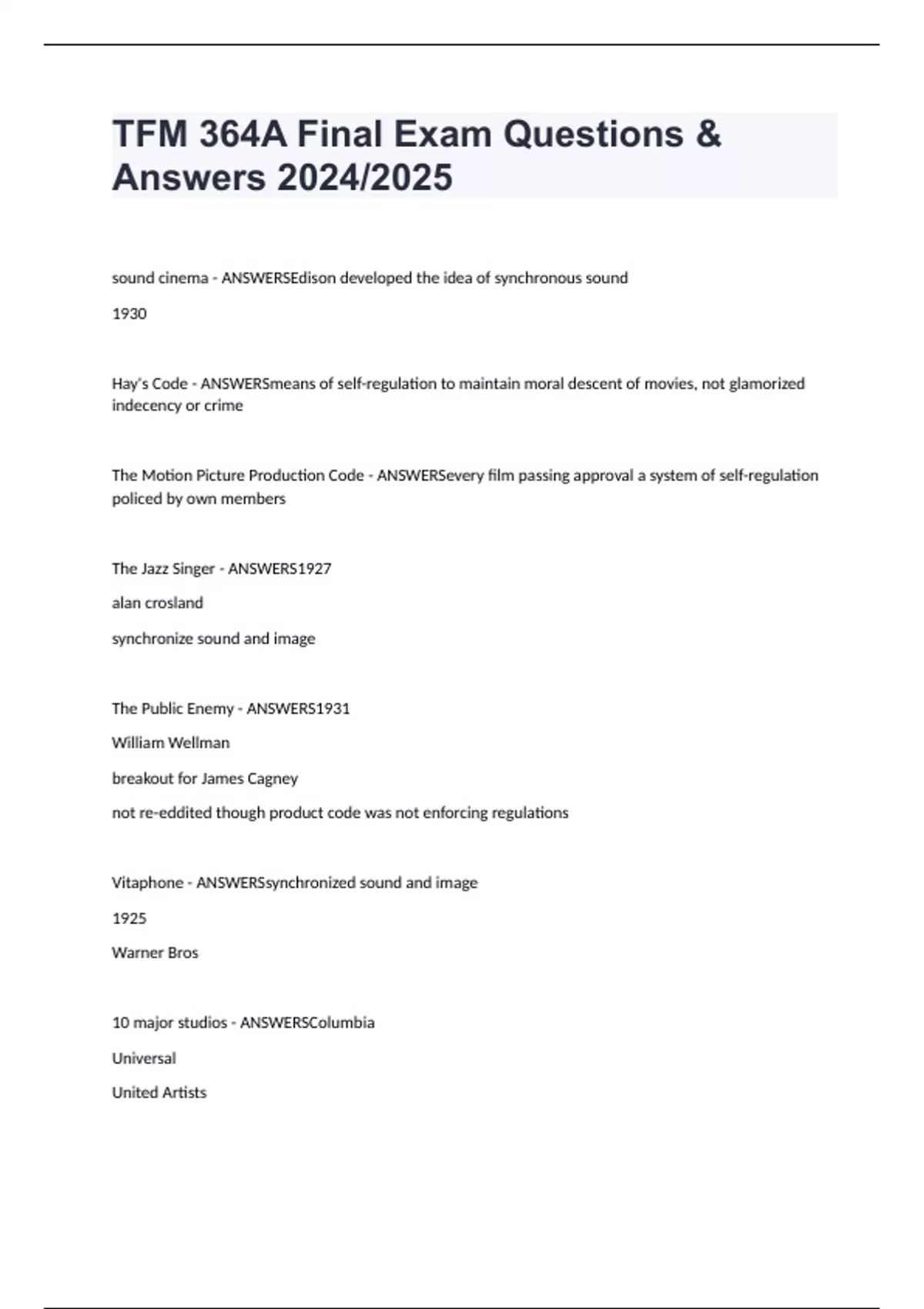 TFM 364A Final Exam Questions & Answers 2024/2025 - TFM 364A - Stuvia US