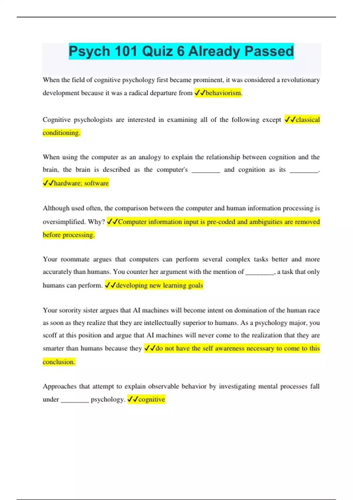 Psych 101 Quiz 6 Already Passed - Psych - Stuvia US
