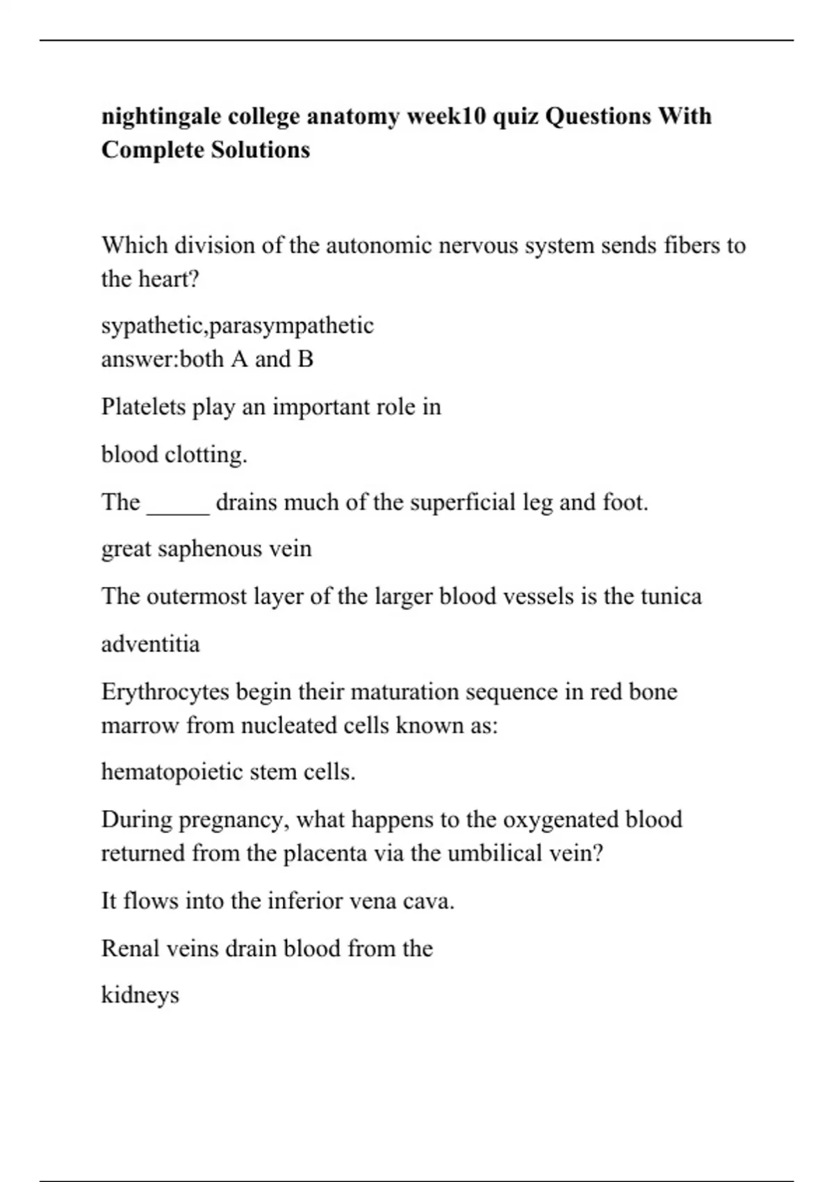 nightingale college anatomy week10 quiz Questions With Complete Solutions - Anatomy - Stuvia US