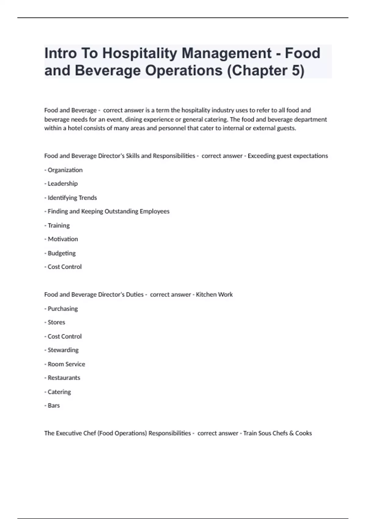 Intro To Hospitality Management - Food and Beverage Operations (Chapter ...