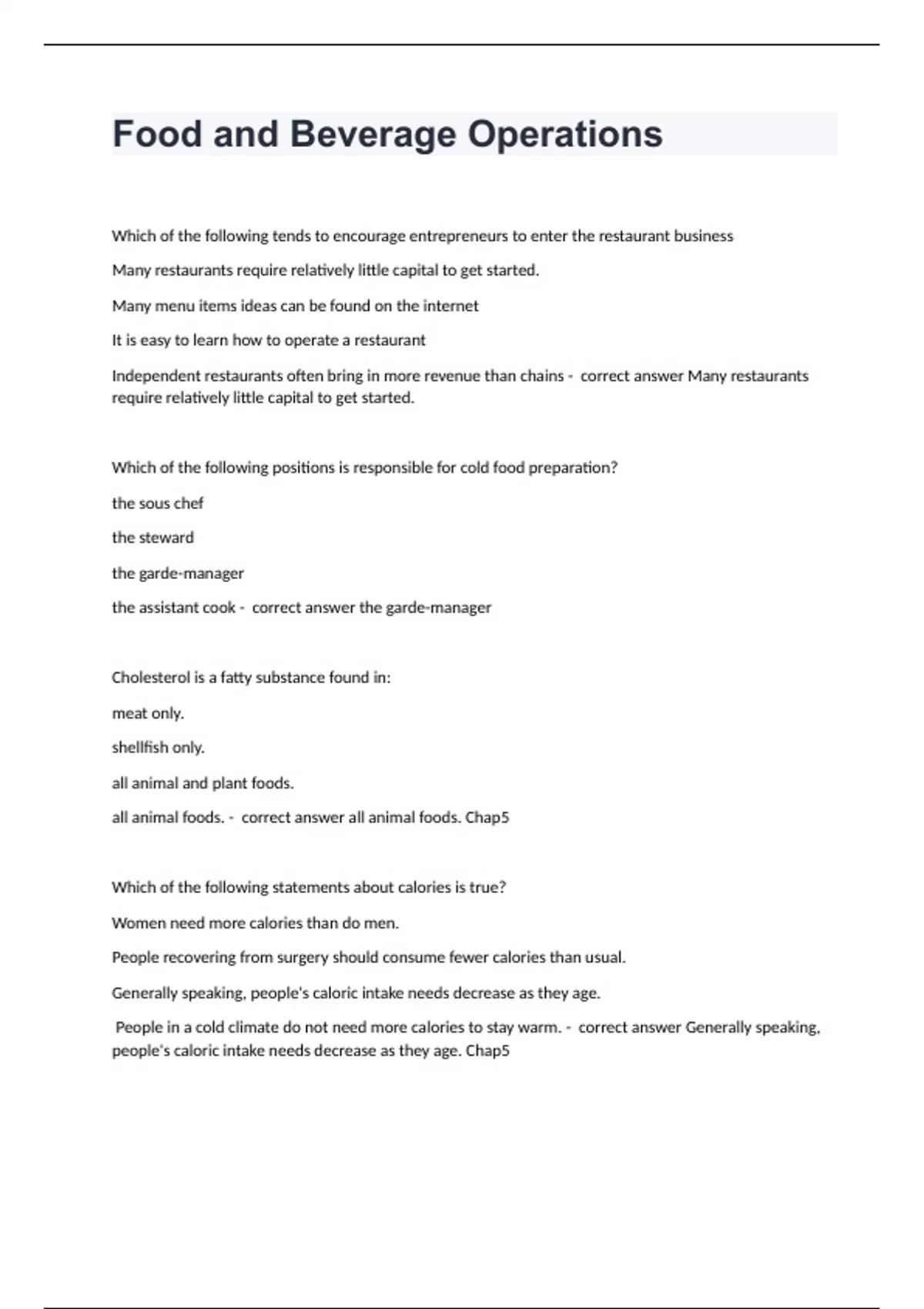 Food and Beverage Operations Question and answers 2024 verified to pass ...