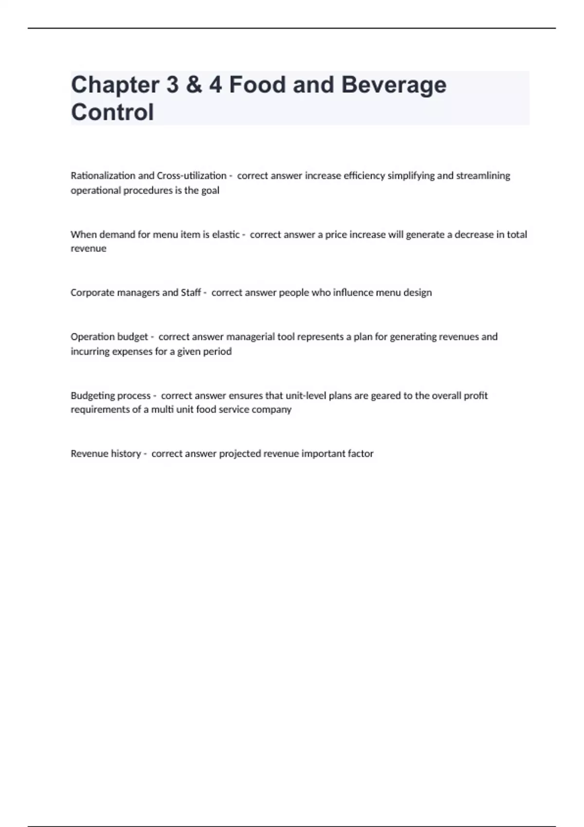 Chapter 3 & 4 Food and Beverage Control Question and answers already passed 2024 - INFOR M3 FOOD ...