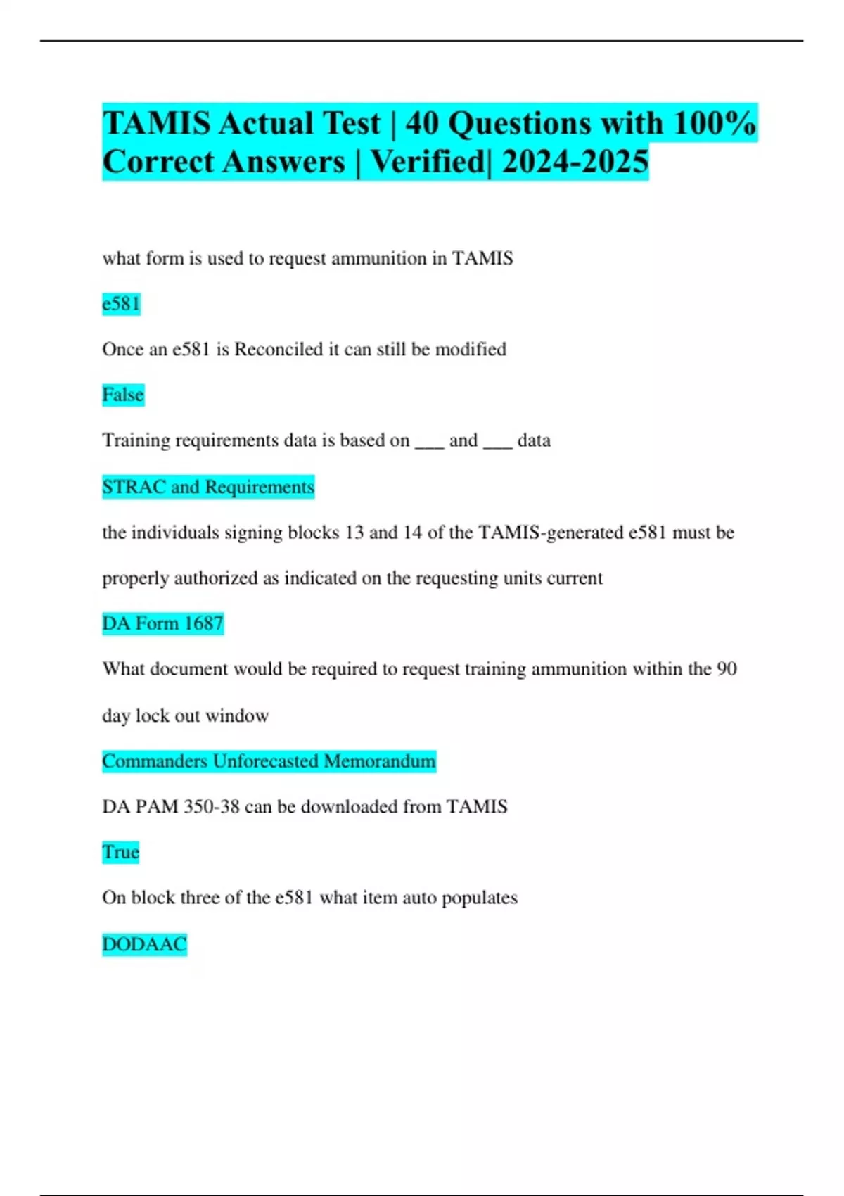TAMIS Actual Test | 40 Questions with 100% Correct Answers | Verified ...