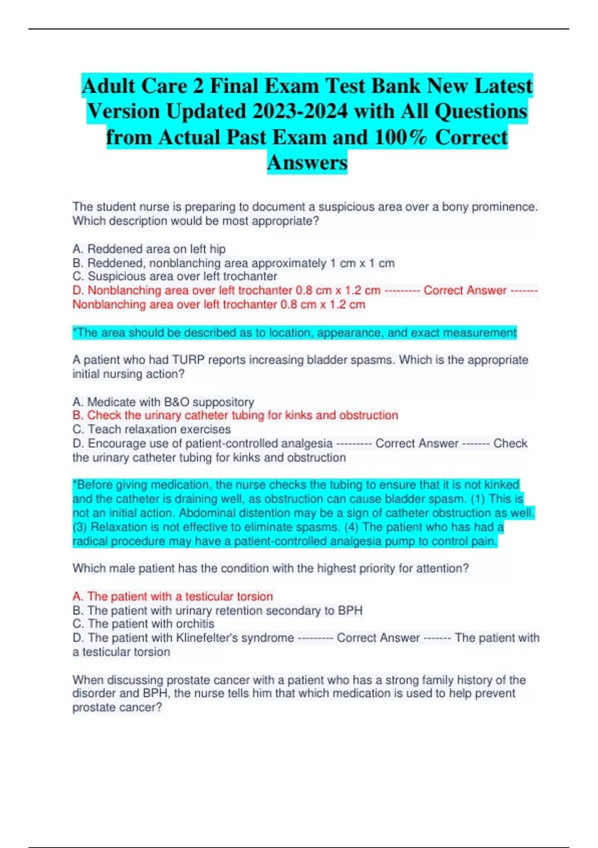 Adult Care 2 Final Exam Test Bank New Latest Version Updated with All ...