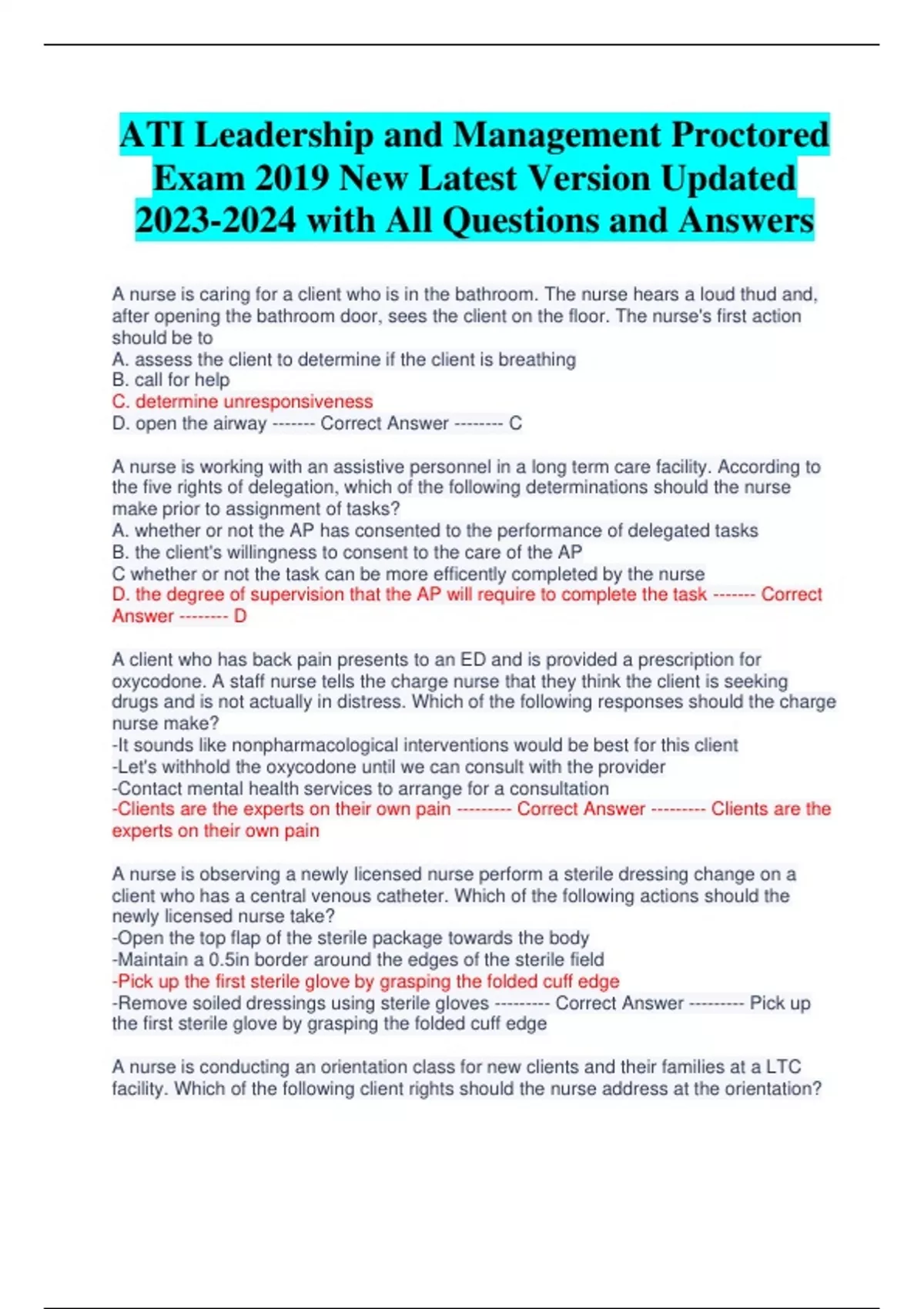 ATI Leadership and Management Proctored Exam 2019 New Latest Version ...