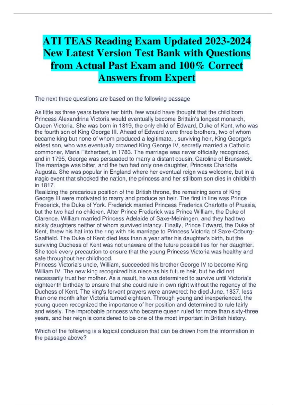 ATI TEAS Reading Exam Updated New Latest Version Test Bank with ...