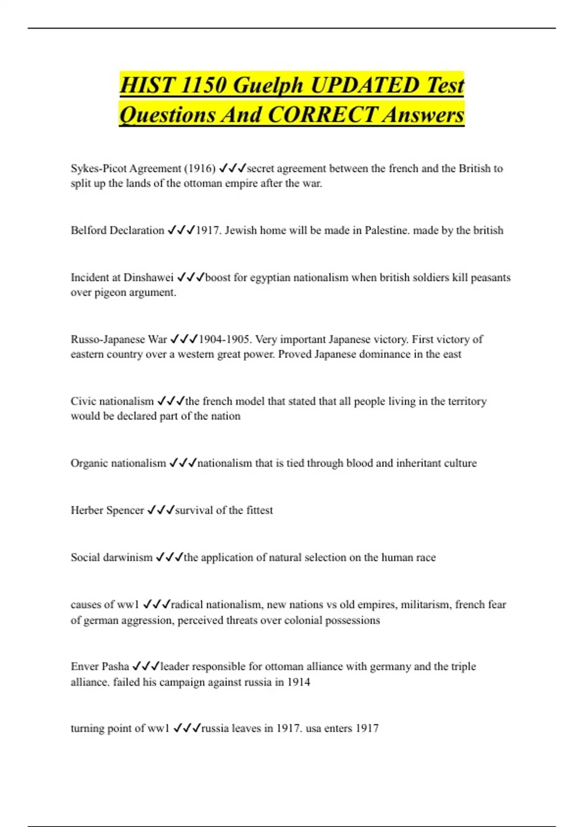 HIST 1150 Guelph UPDATED Test Questions And CORRECT Answers - HIST 1150 ...