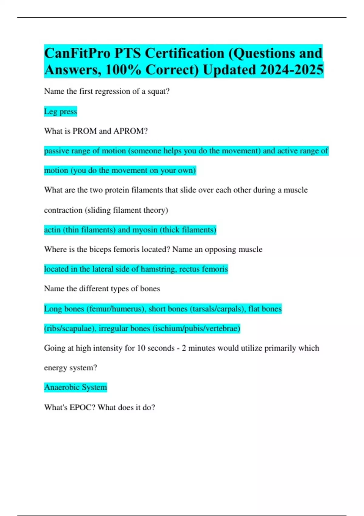 CanFitPro PTS Certification (Questions and Answers, 100% Correct ...