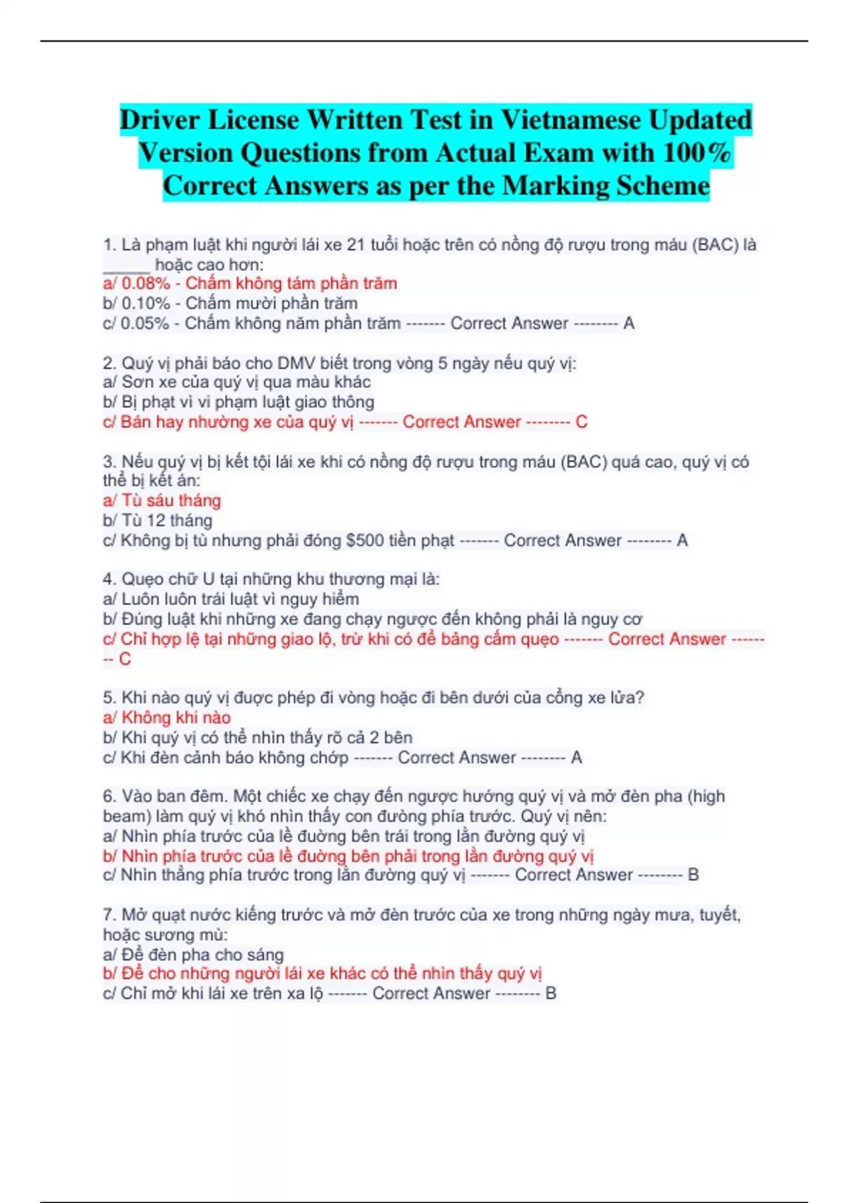 Driver License Written Test in Vietnamese Updated Version Questions ...