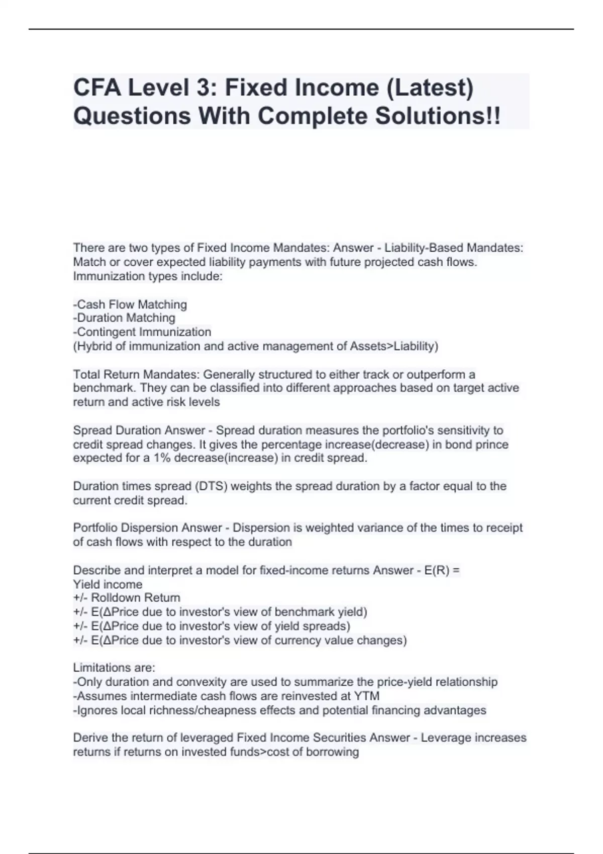 CFA Level 3: Fixed Income (Latest) Questions With Complete Solutions ...