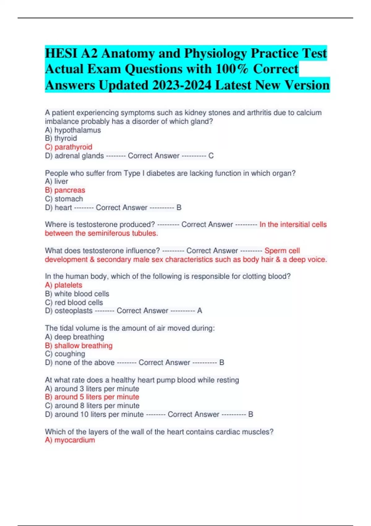 Hesi A2 Anatomy And Physiology Practice Test Actual Exam Questions With 100 Correct Answers