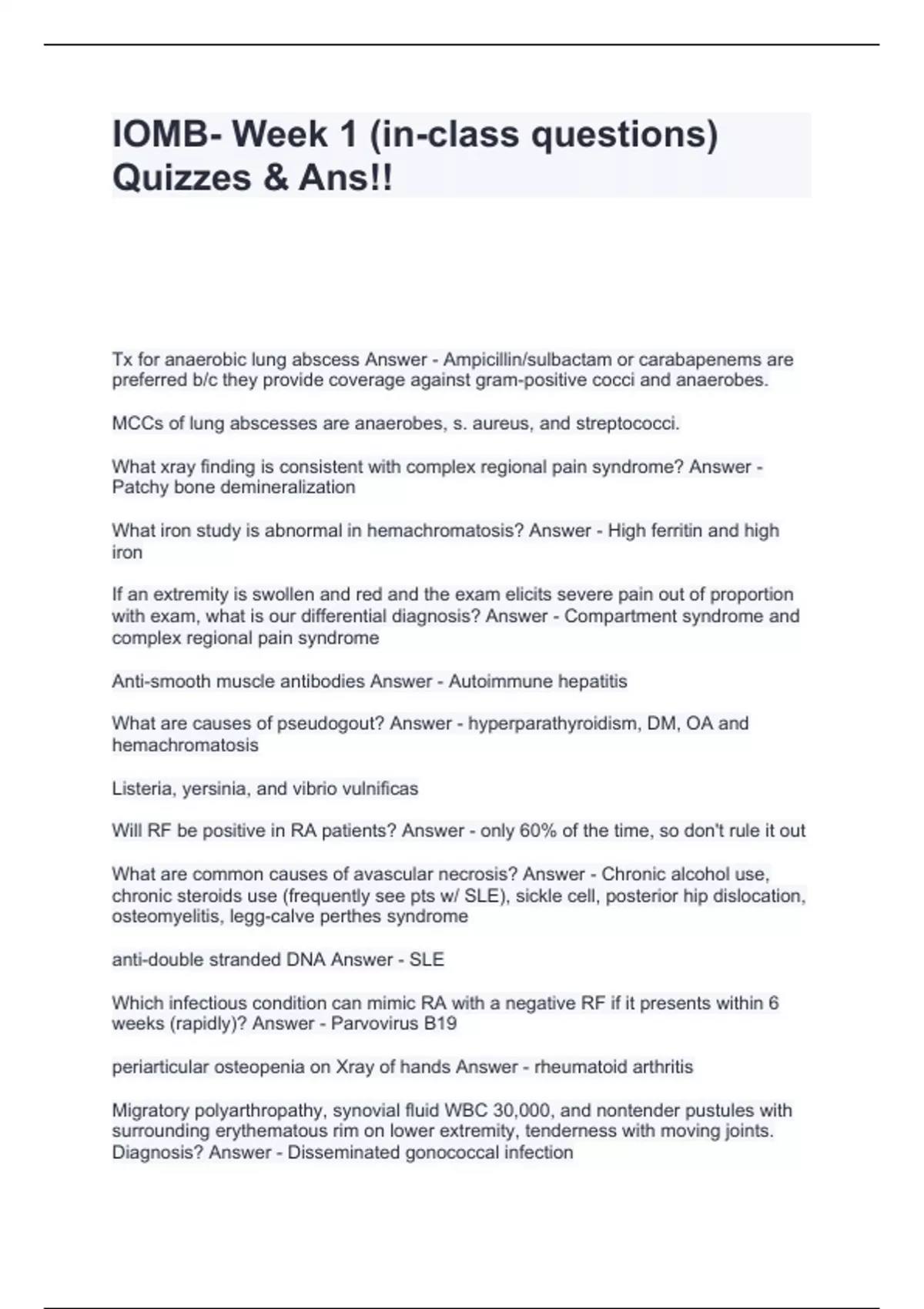 IOMB- Week 1 (in-class questions) Quizzes & Ans!! - IOMB - Stuvia US