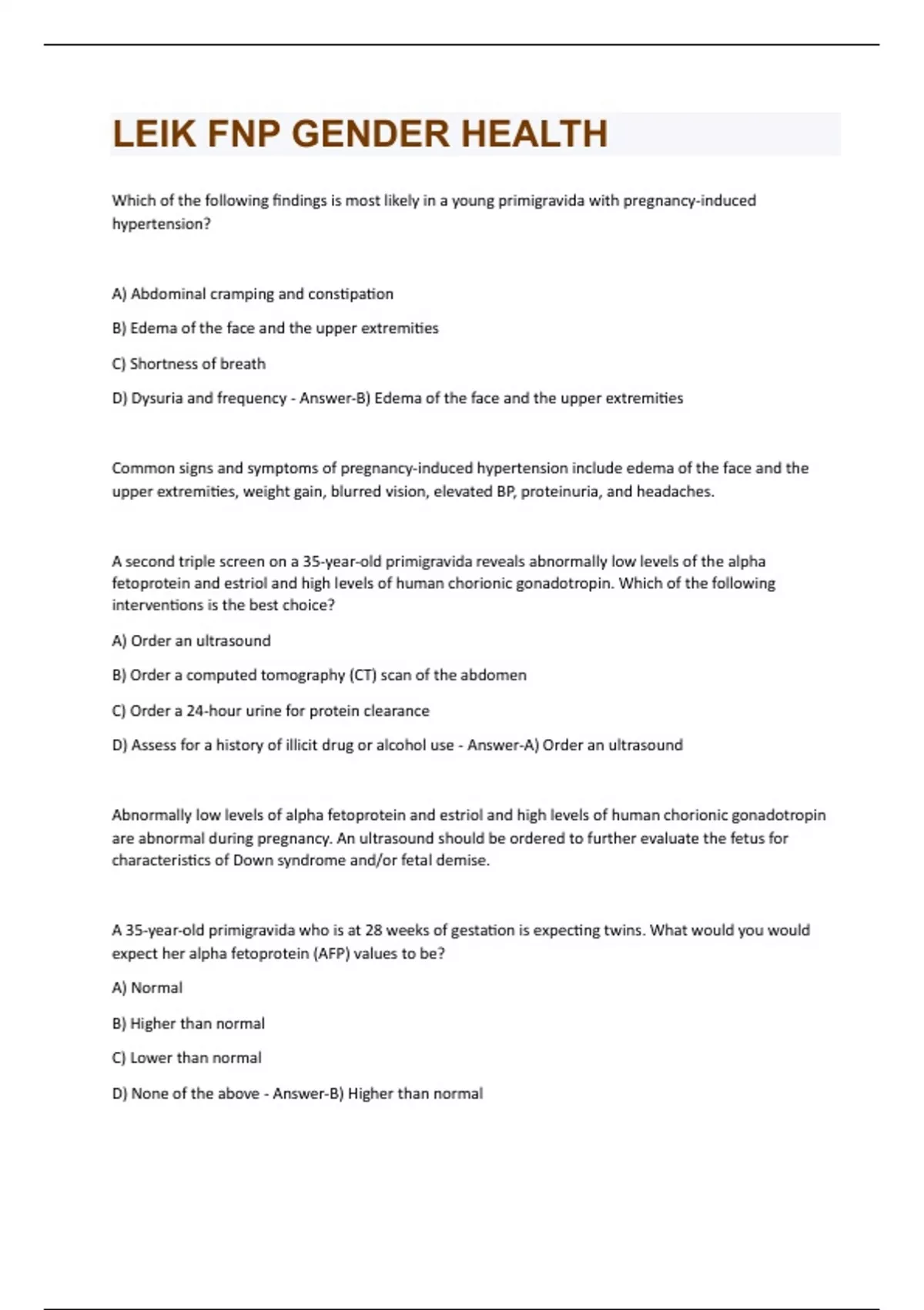 LEIK FNP GENDER HEALTH QUESTIONS WITH 100 % CORRECT ANSWERS| VERIFIED ...