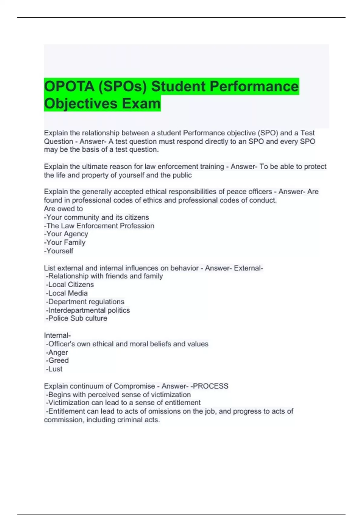 OPOTA (SPOs) Student Performance Objectives Exam 2024 Questions and ...