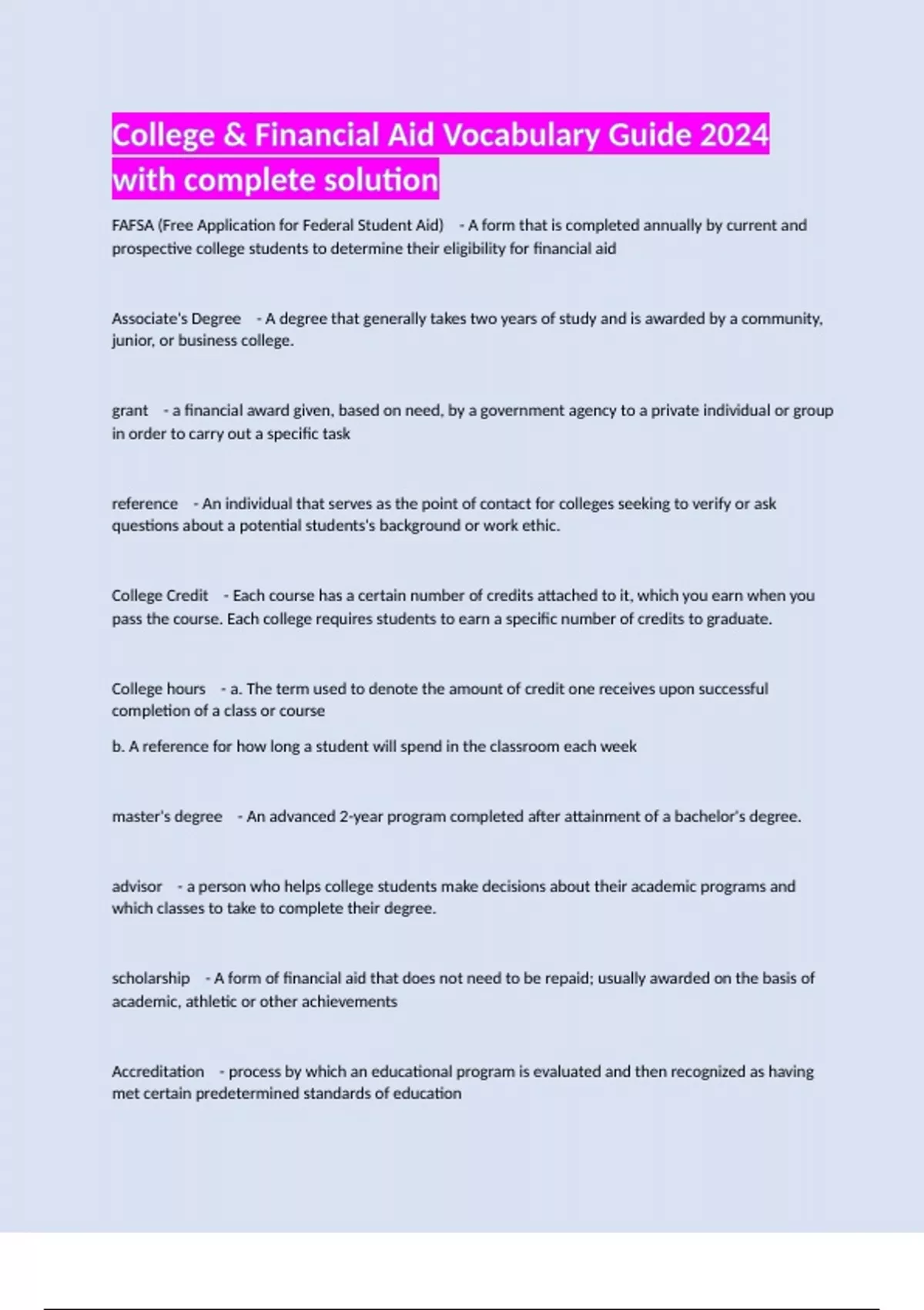 College & Financial Aid Vocabulary Guide 2024 with complete solution ...