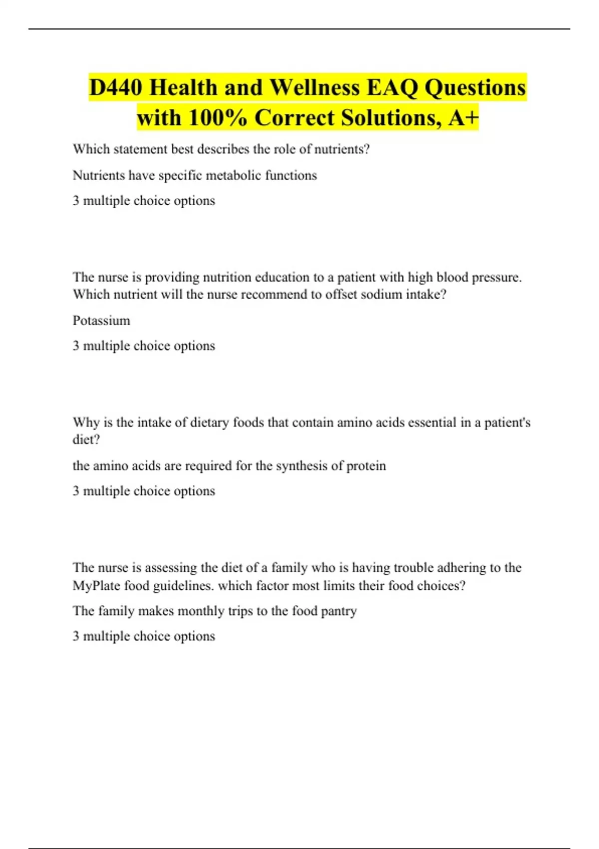 D440 Health and Wellness EAQ Questions with 100% Correct Solutions, A+ ...