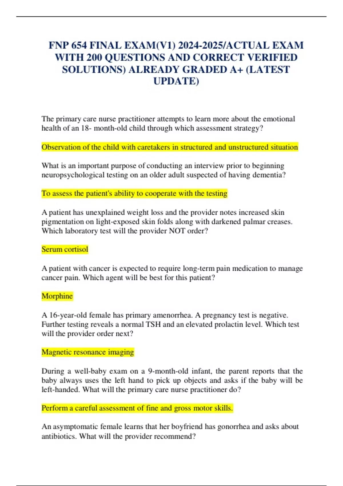 FNP 654 FINAL EXAM(V1) /ACTUAL EXAM WITH 200 QUESTIONS AND CORRECT ...