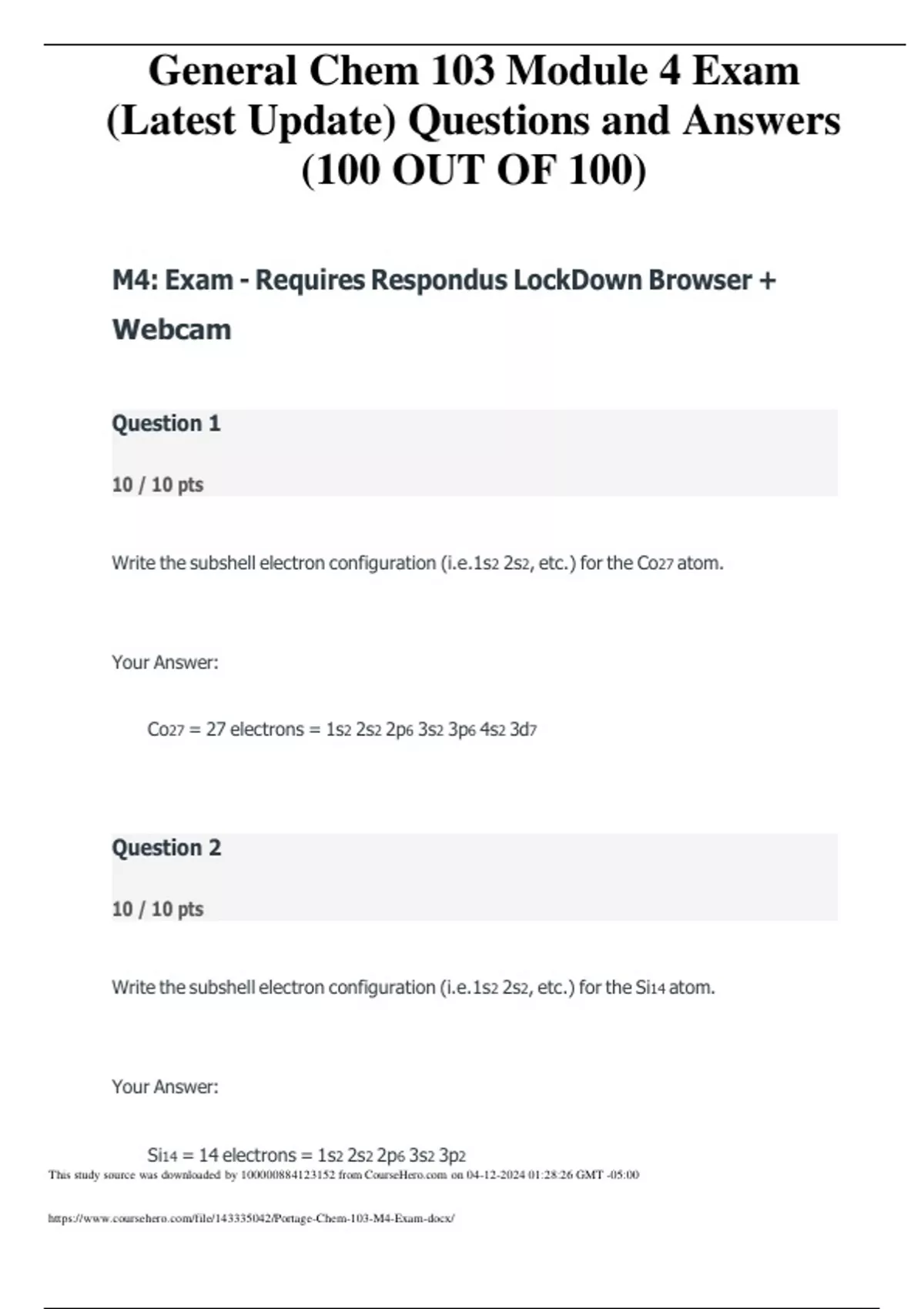 General Chem 103 Module 4 Exam (Latest Update) Questions and Answers ...