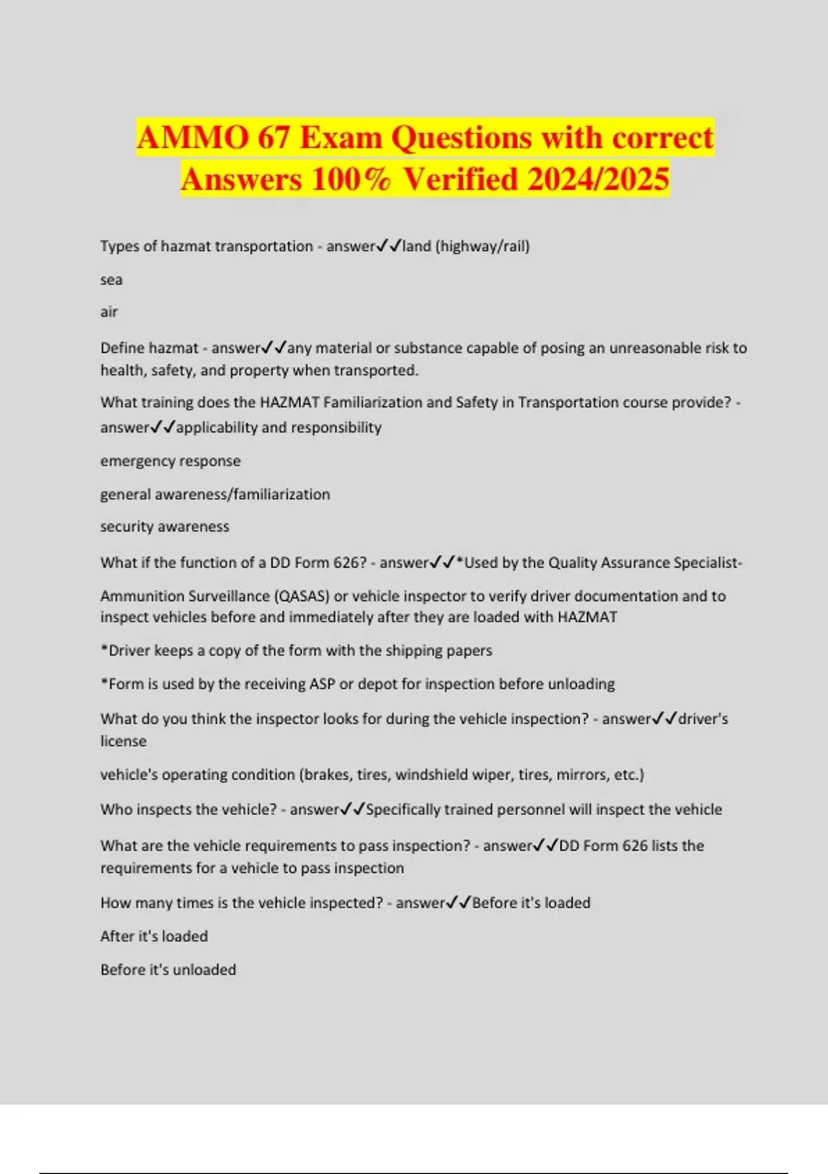 AMMO 67 Exam Questions with correct Answers 100% Verified 2024/2025 ...