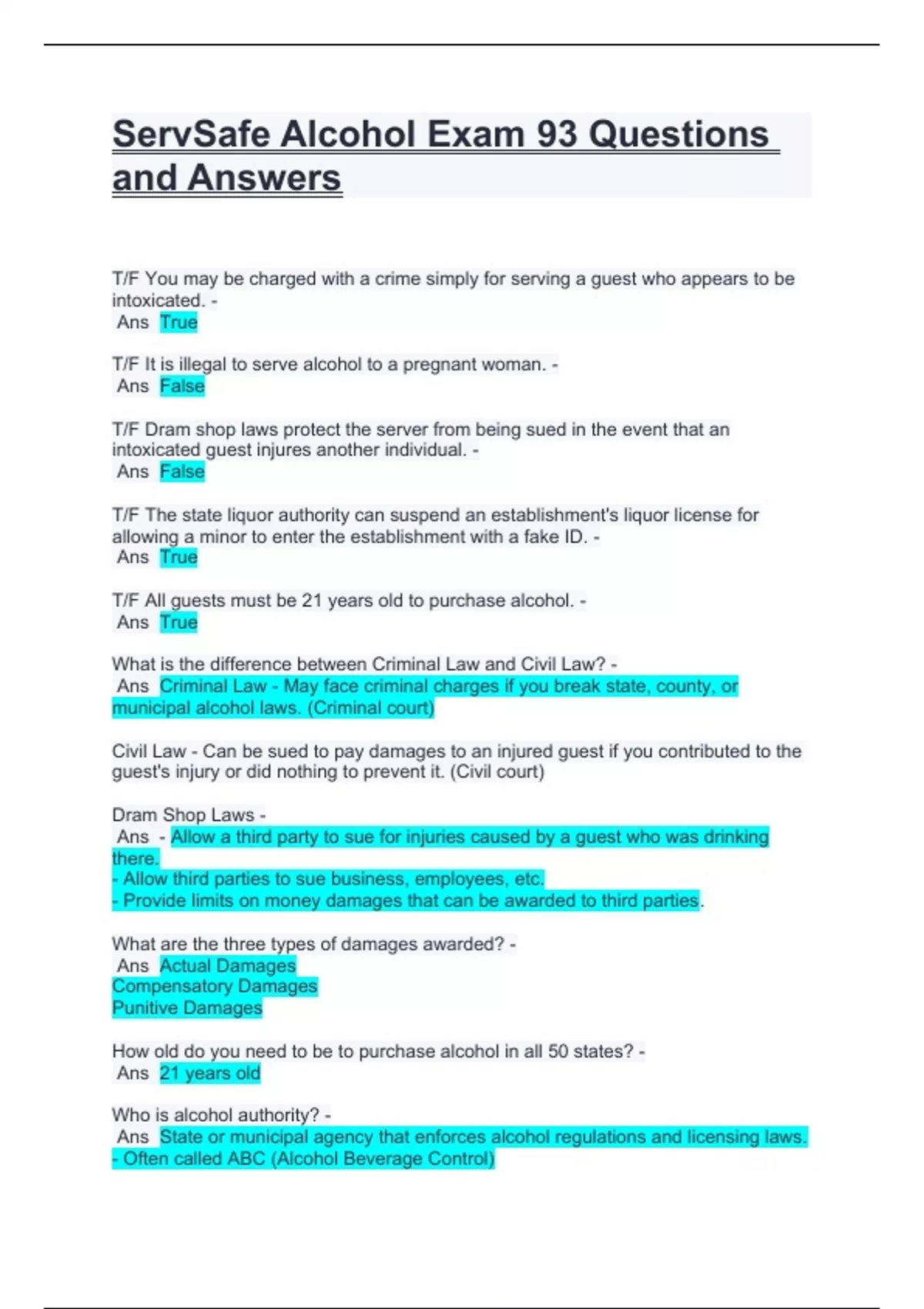 ServSafe Alcohol Exam 93 Questions And Answers RBS Alcoholic