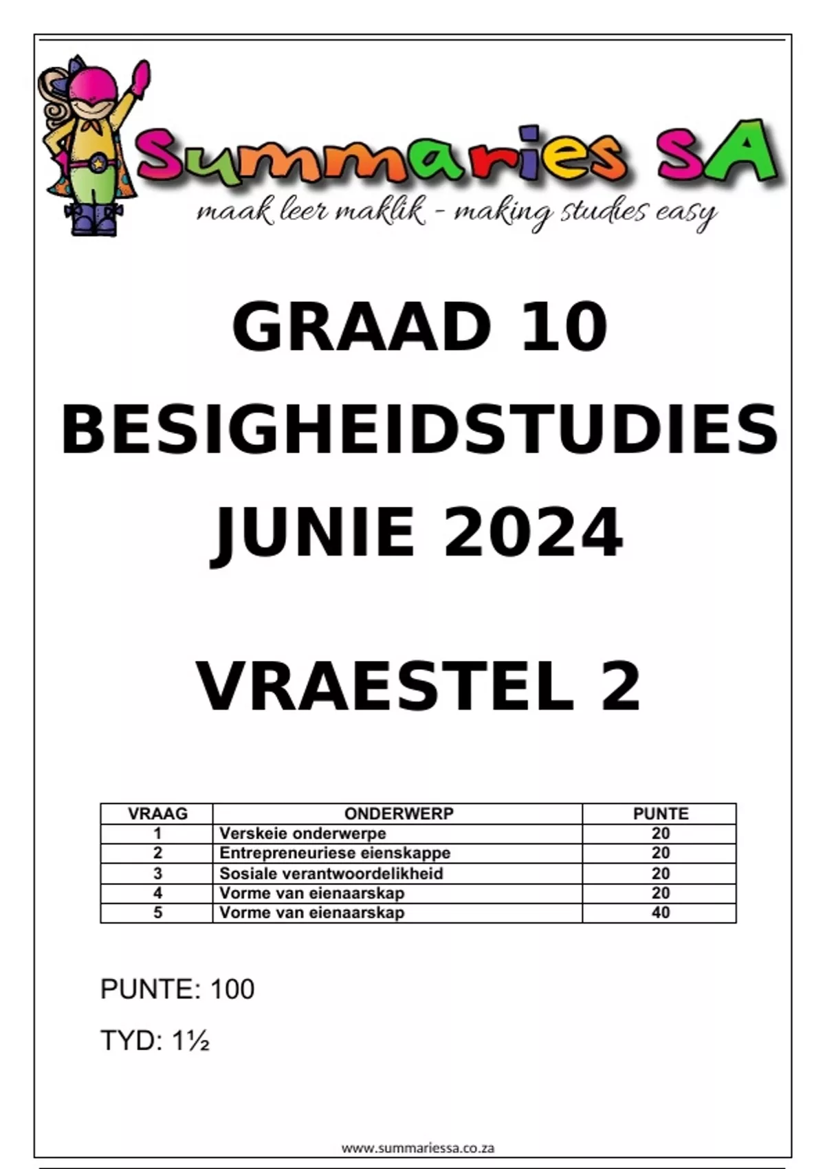Graad 10 Besigheidstudies (BS) Junie Vraestel 2 en Memo - 2024 ...