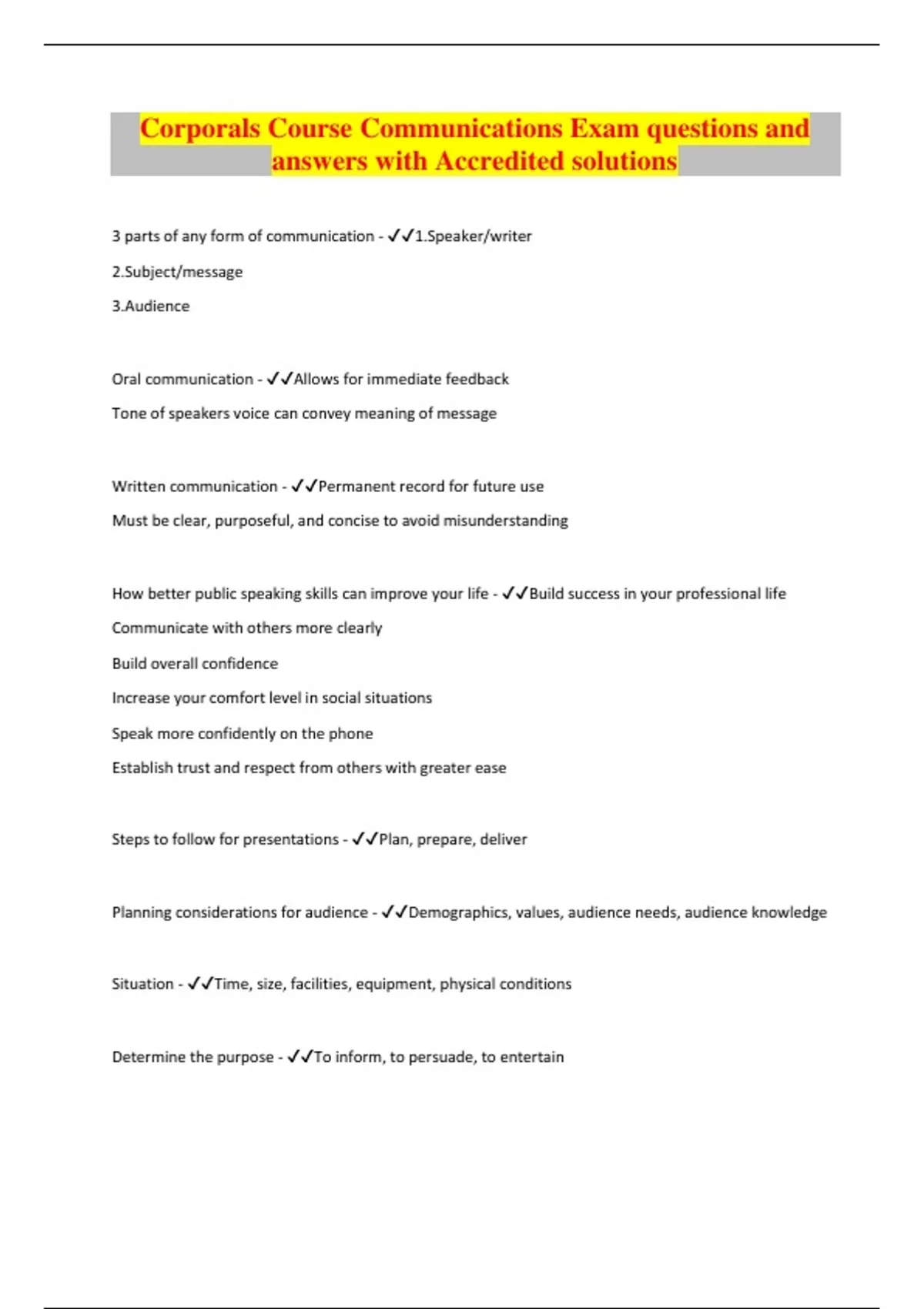 Corporals Course Communications Exam Questions And Answers With Accredited Solutions Corporals