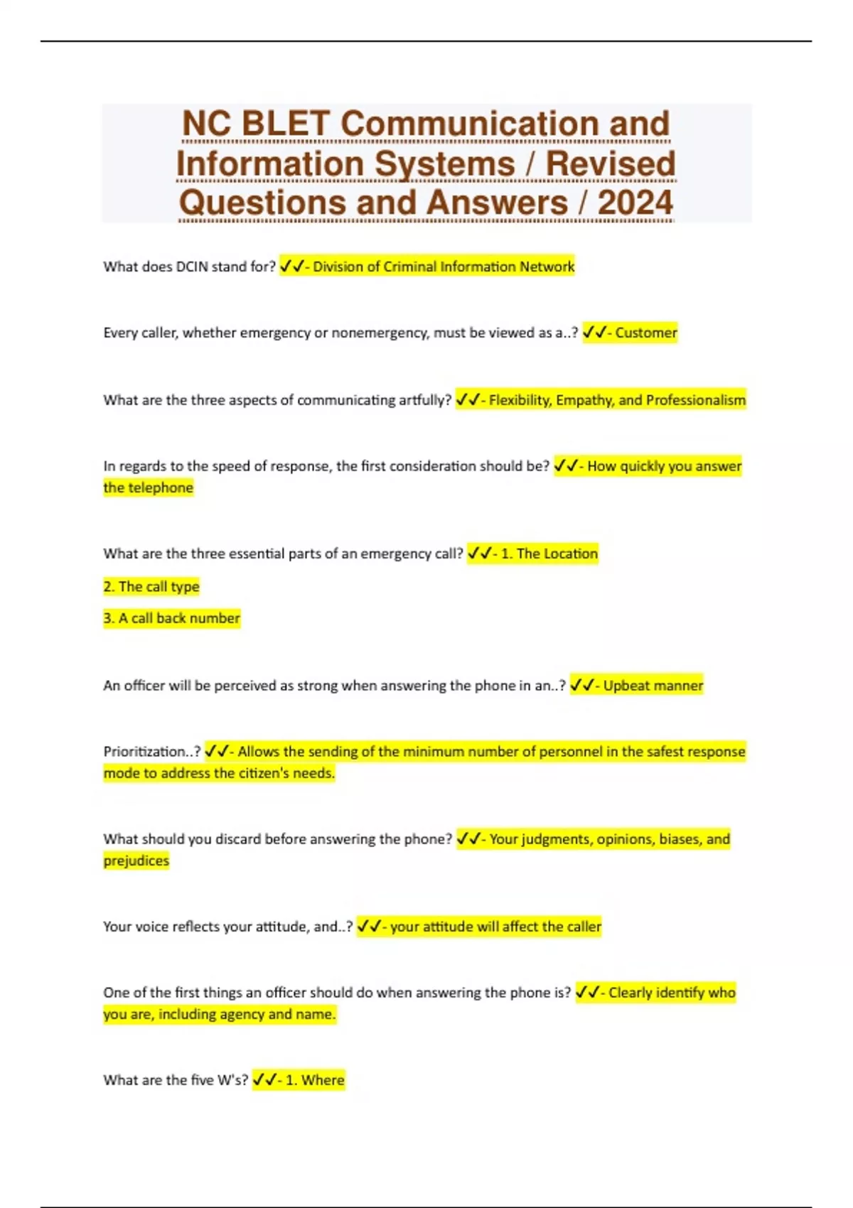 NC BLET Communication and Information Systems / Revised Questions and ...