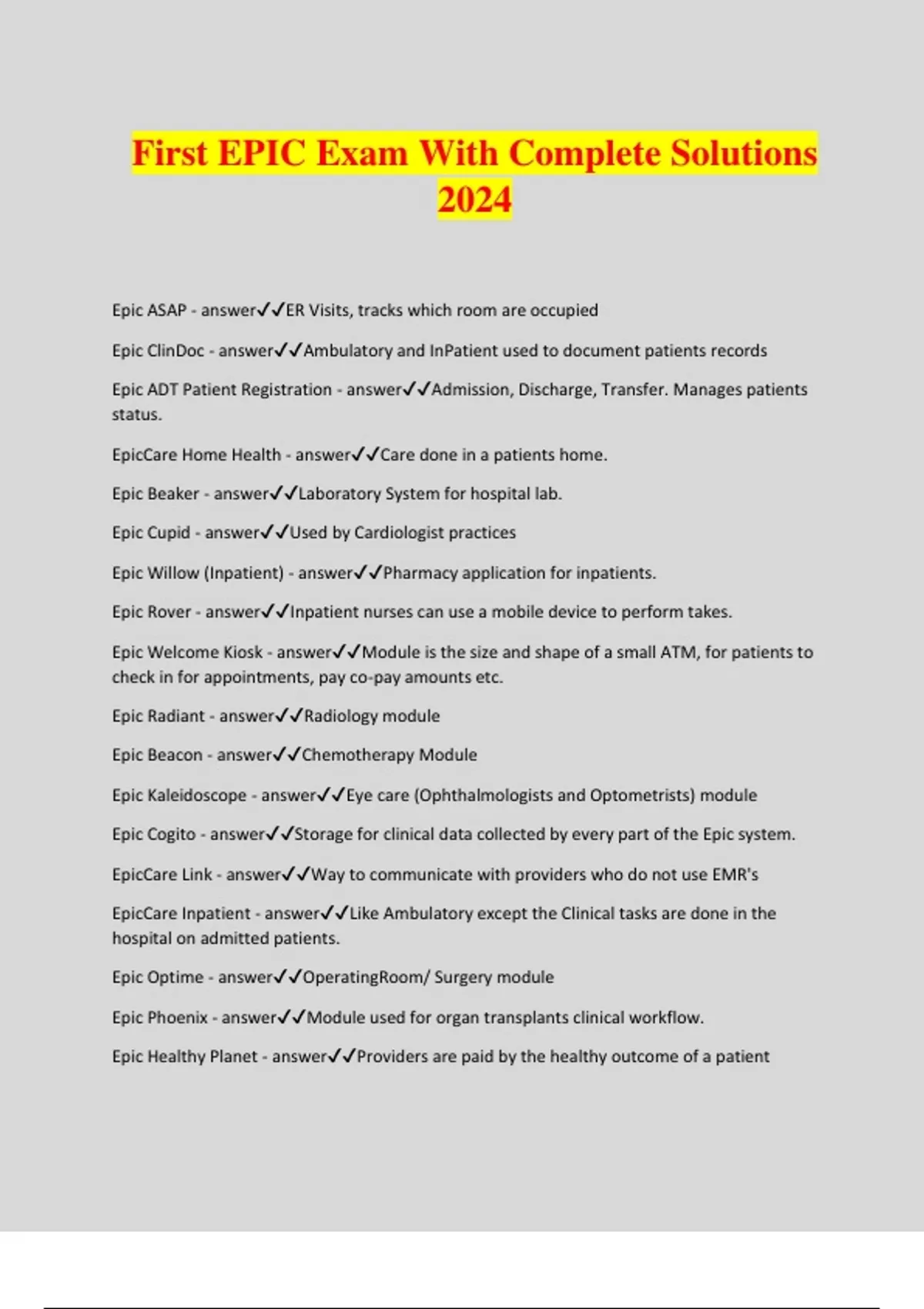 First EPIC Exam With Complete Solutions 2024 - EPIC - Stuvia US