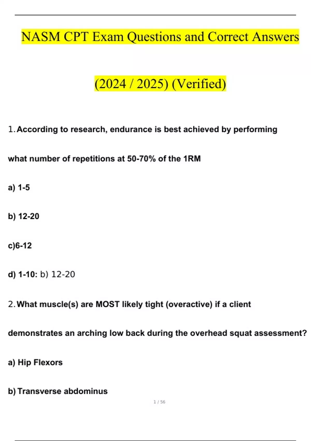 NASM CPT Exam Questions and Answers 2024 / 2025 | 100% Verified Answers - Nasm cpt - Stuvia US