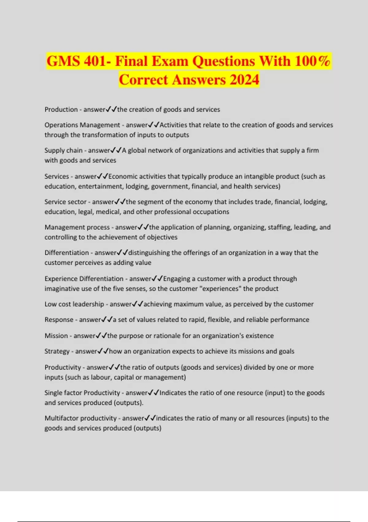 GMS 401- Final Exam Questions With 100% Correct Answers 2024 - GMS - Stuvia US