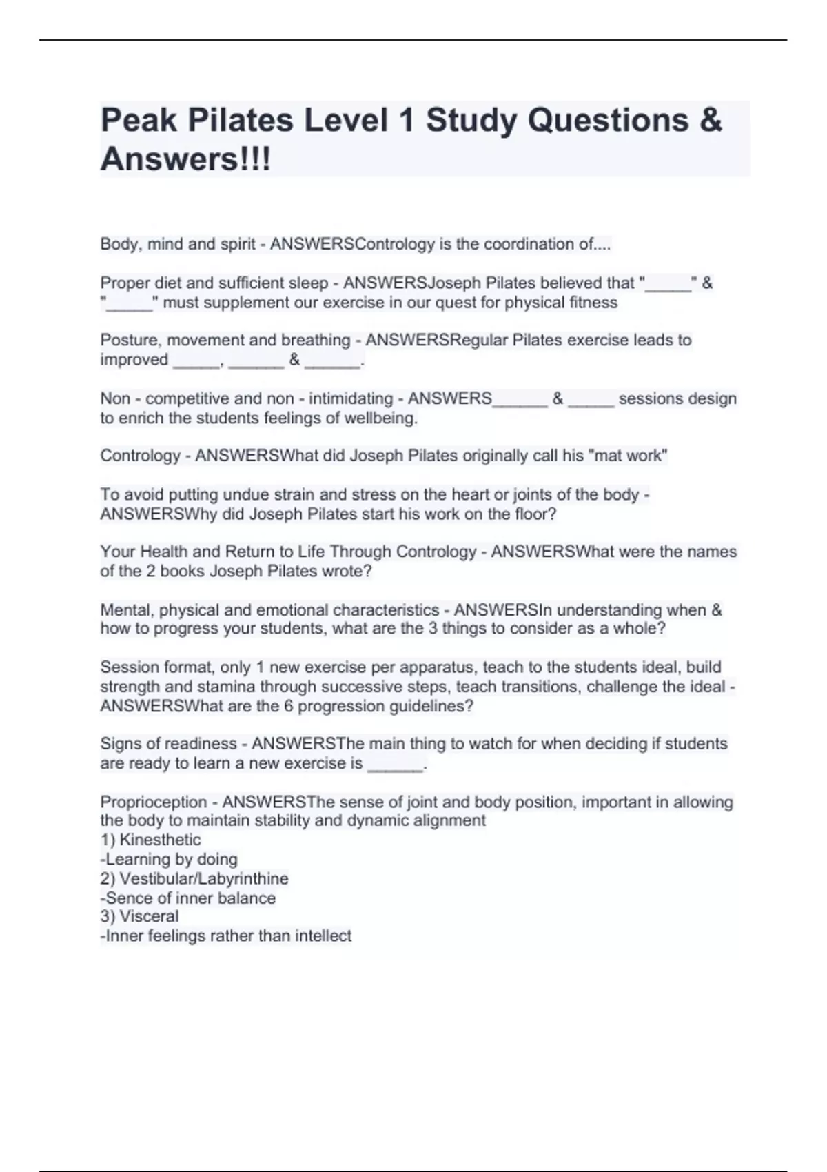 Peak Pilates Study Guide Level 1 2024 Exam Questions & Answers(COMPLETE ...