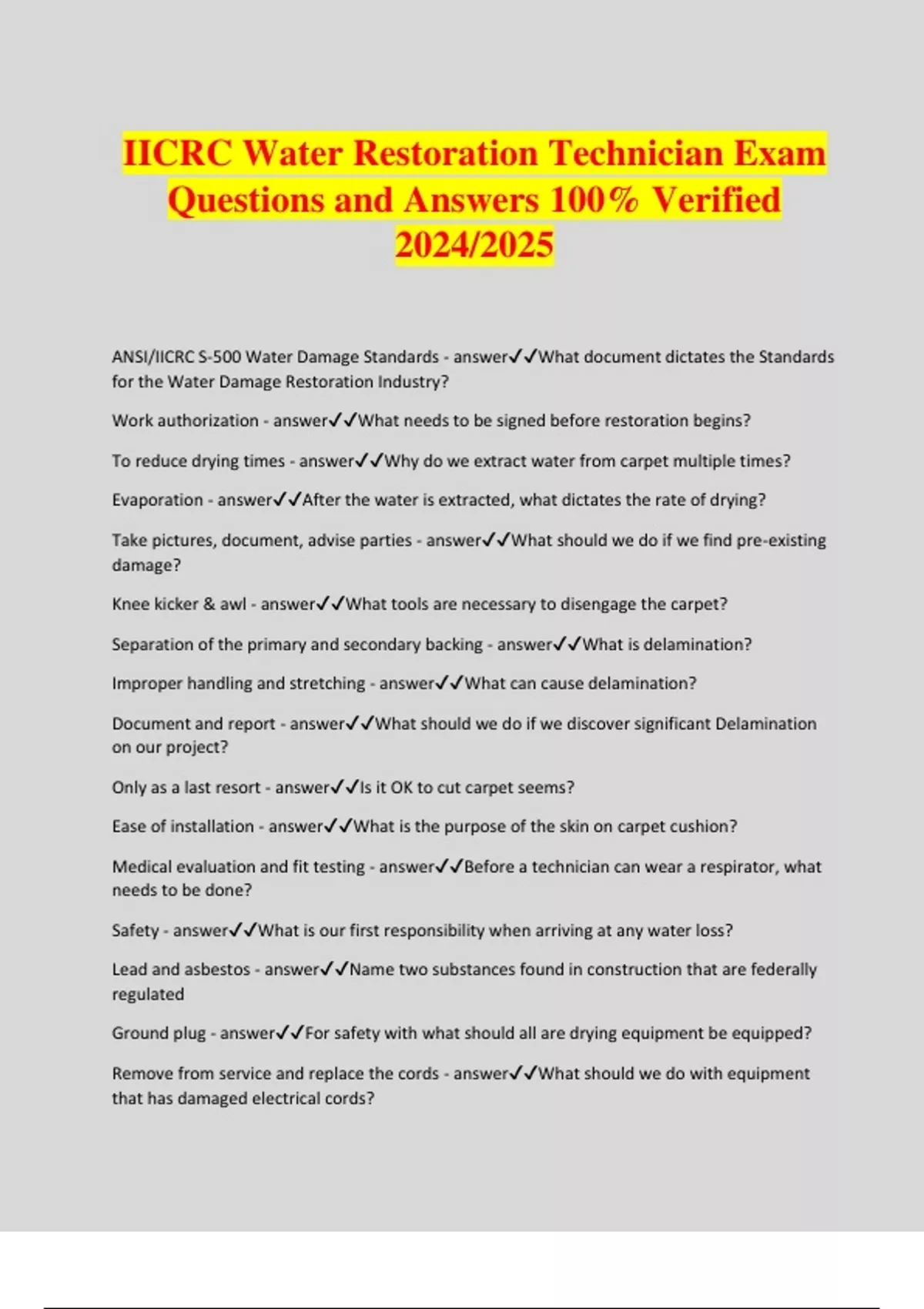 IICRC Water Restoration Technician Exam Questions and Answers 100% ...