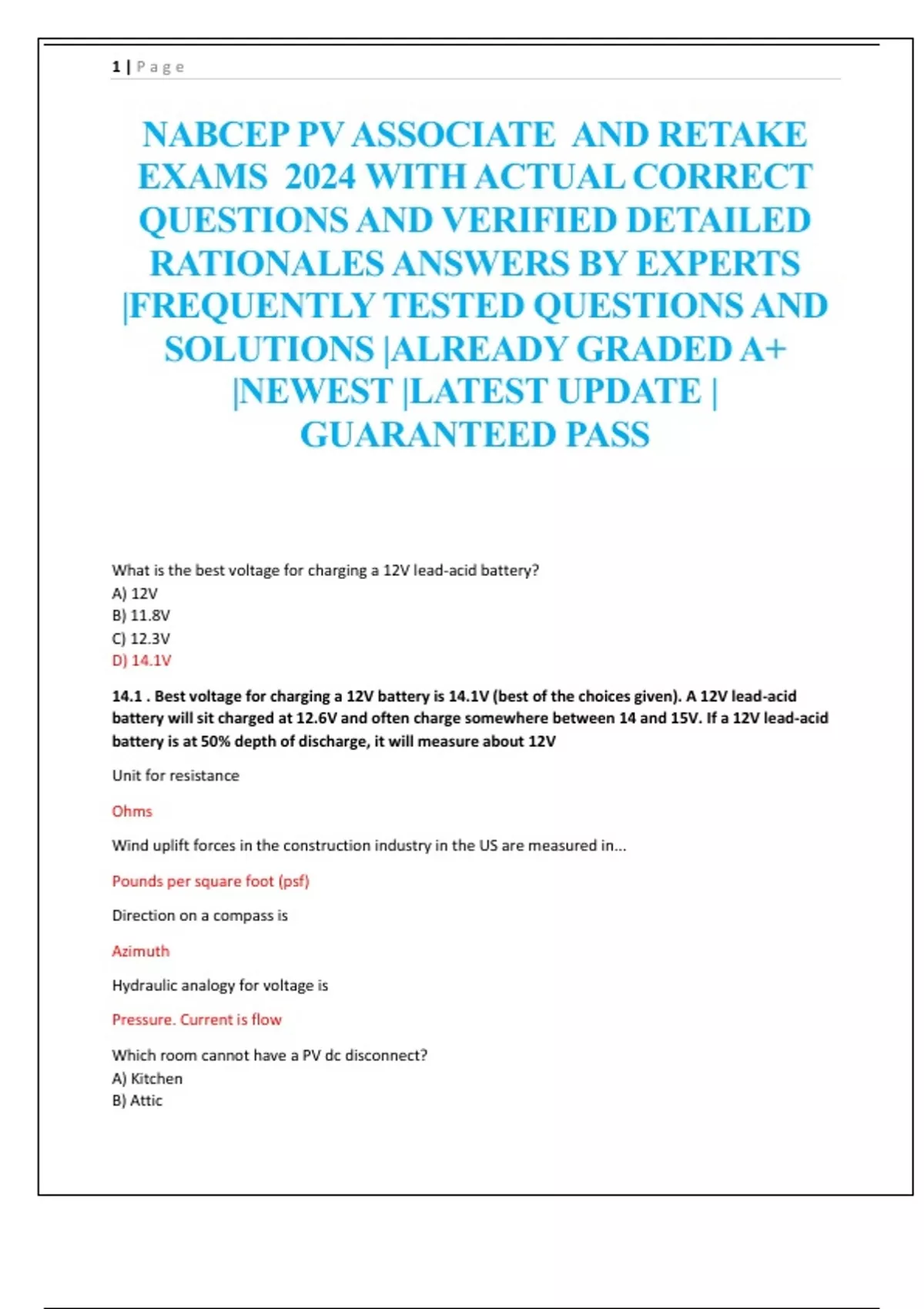 Nabcep Pv Associate And Retake Exams 2024 With Actual Correct Questions And Verified Detailed