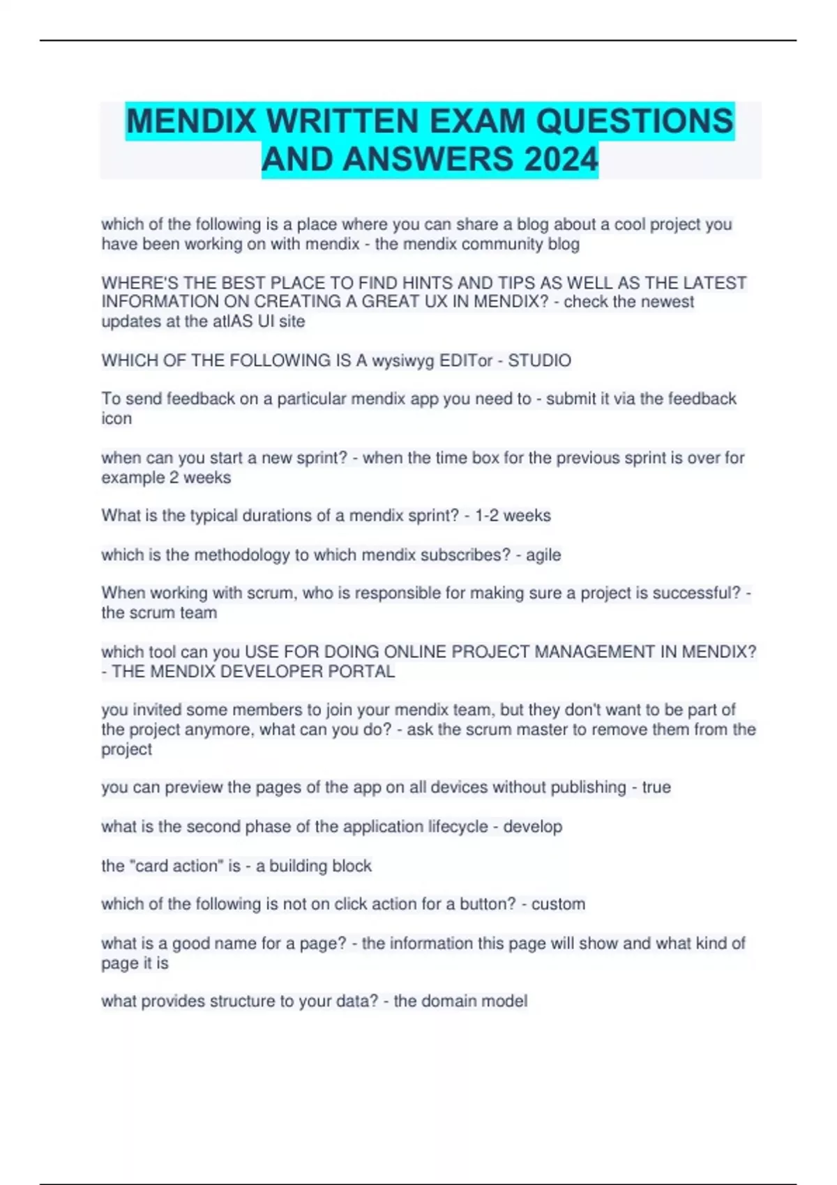 MENDIX WRITTEN EXAM QUESTIONS AND ANSWERS 2024 - MENDIX CERTIFICATION ...