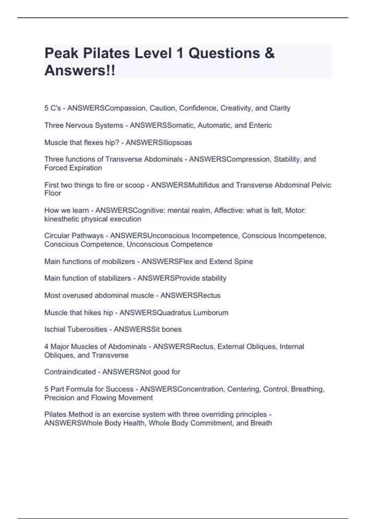 Peak Pilates Level 1 Questions & Answers!! - Peak Pilates - Stuvia US