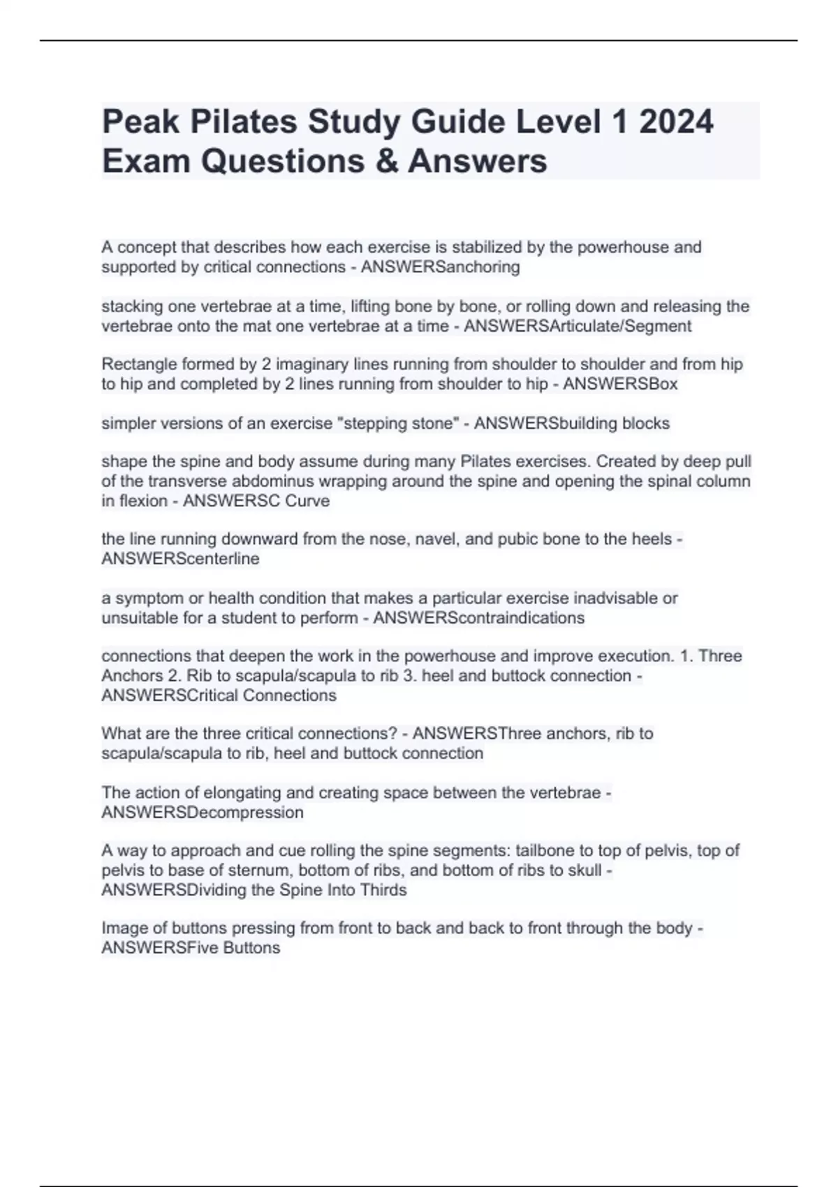 Peak Pilates Study Guide Level 1 2024 Exam Questions & Answers - Peak ...