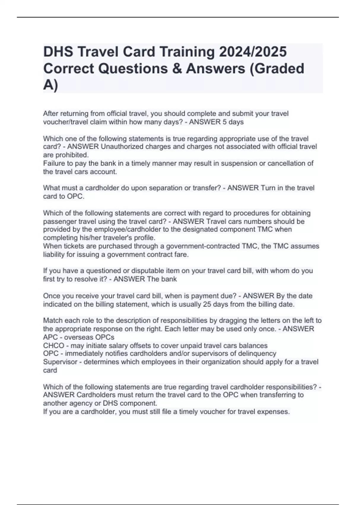 DHS Travel Card Training 2024/2025 Correct Questions & Answers (Graded ...