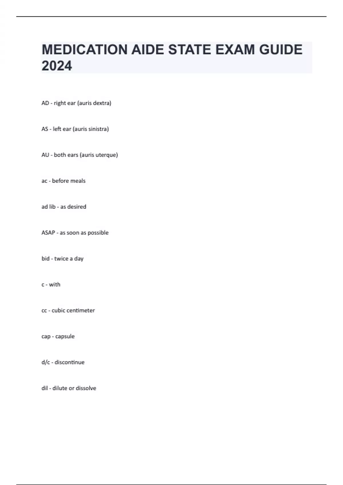 MEDICATION AIDE STATE EXAM GUIDE 2024 - MEDICATION AIDE - Stuvia US