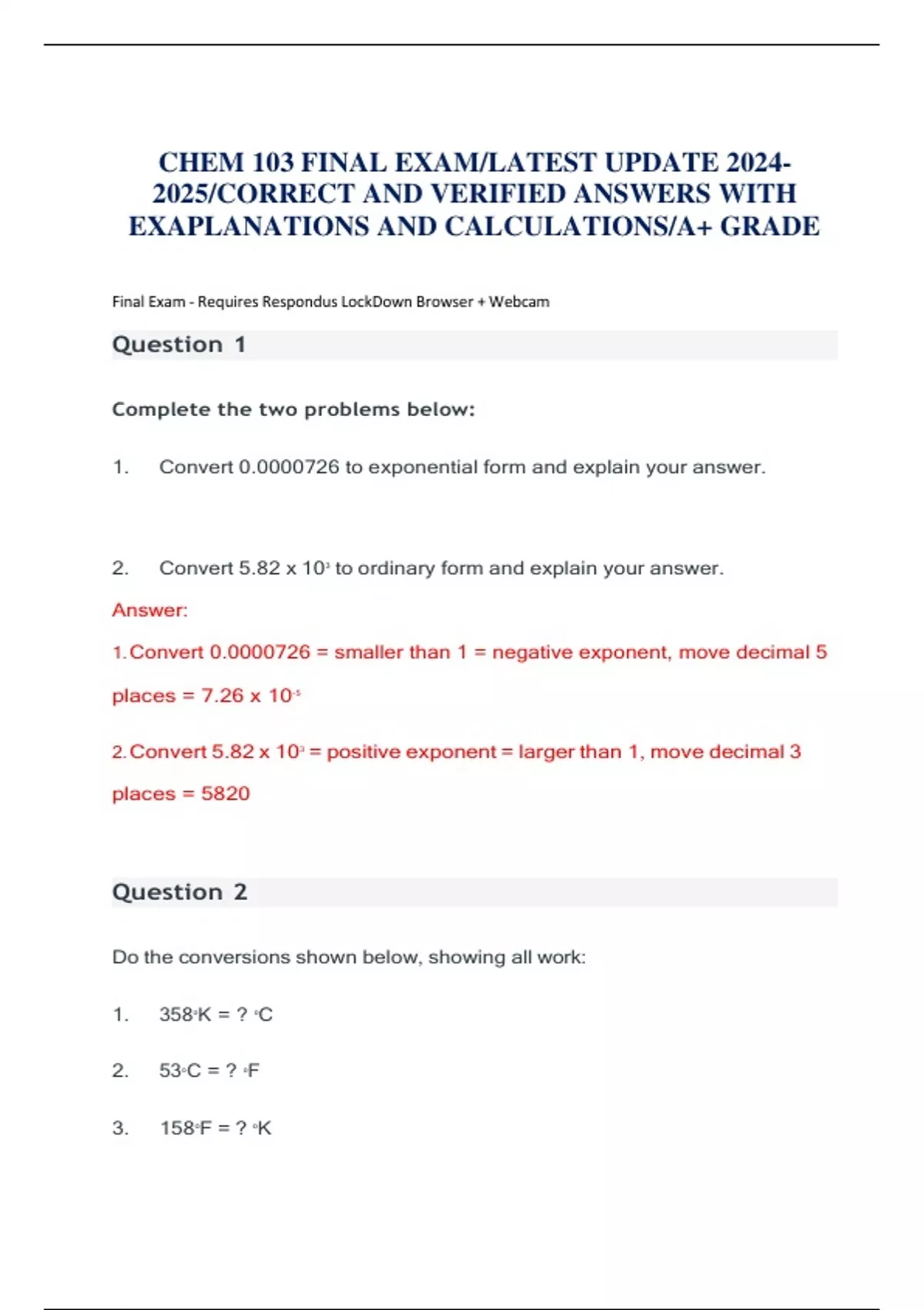 CHEM 103 BUNDLED EXAMS 2024( LAB REPORTS 1-8, LAB EXAM 1&2 AND FINAL EXAM)ACTUAL EXAMS WITH ...
