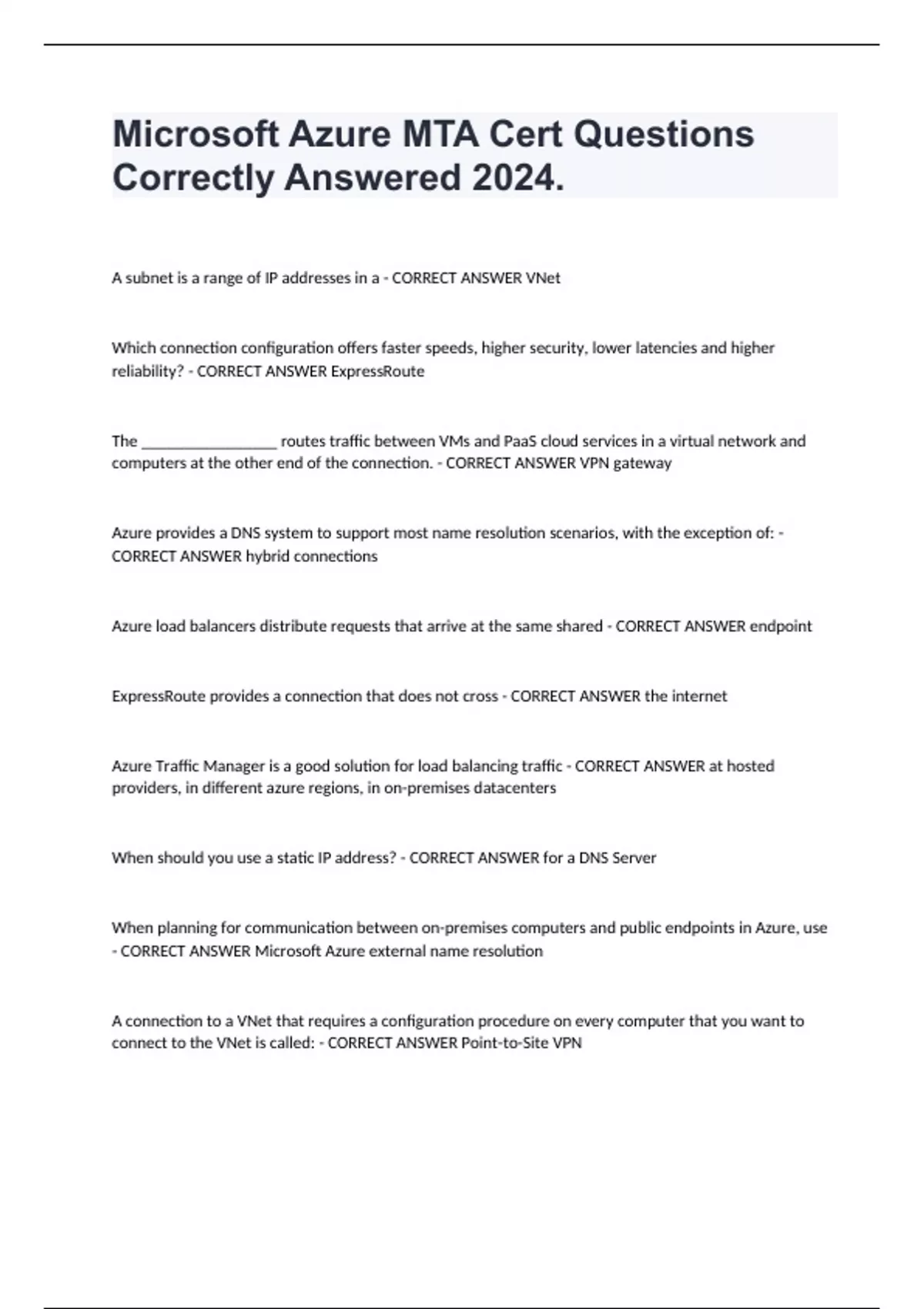 Microsoft Azure MTA Cert Questions Correctly Answered 2024. - AZURE. - Stuvia US