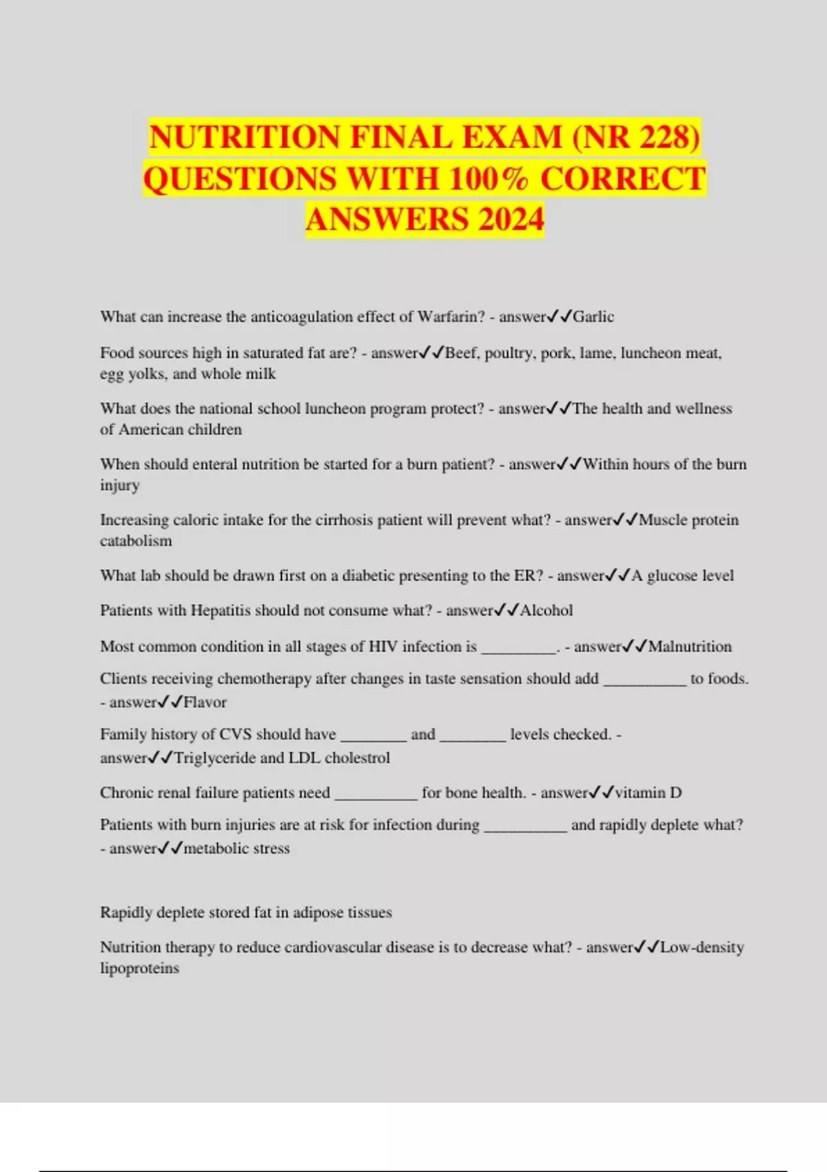 NUTRITION FINAL EXAM (NR 228) QUESTIONS WITH 100% CORRECT ANSWERS 2024 ...