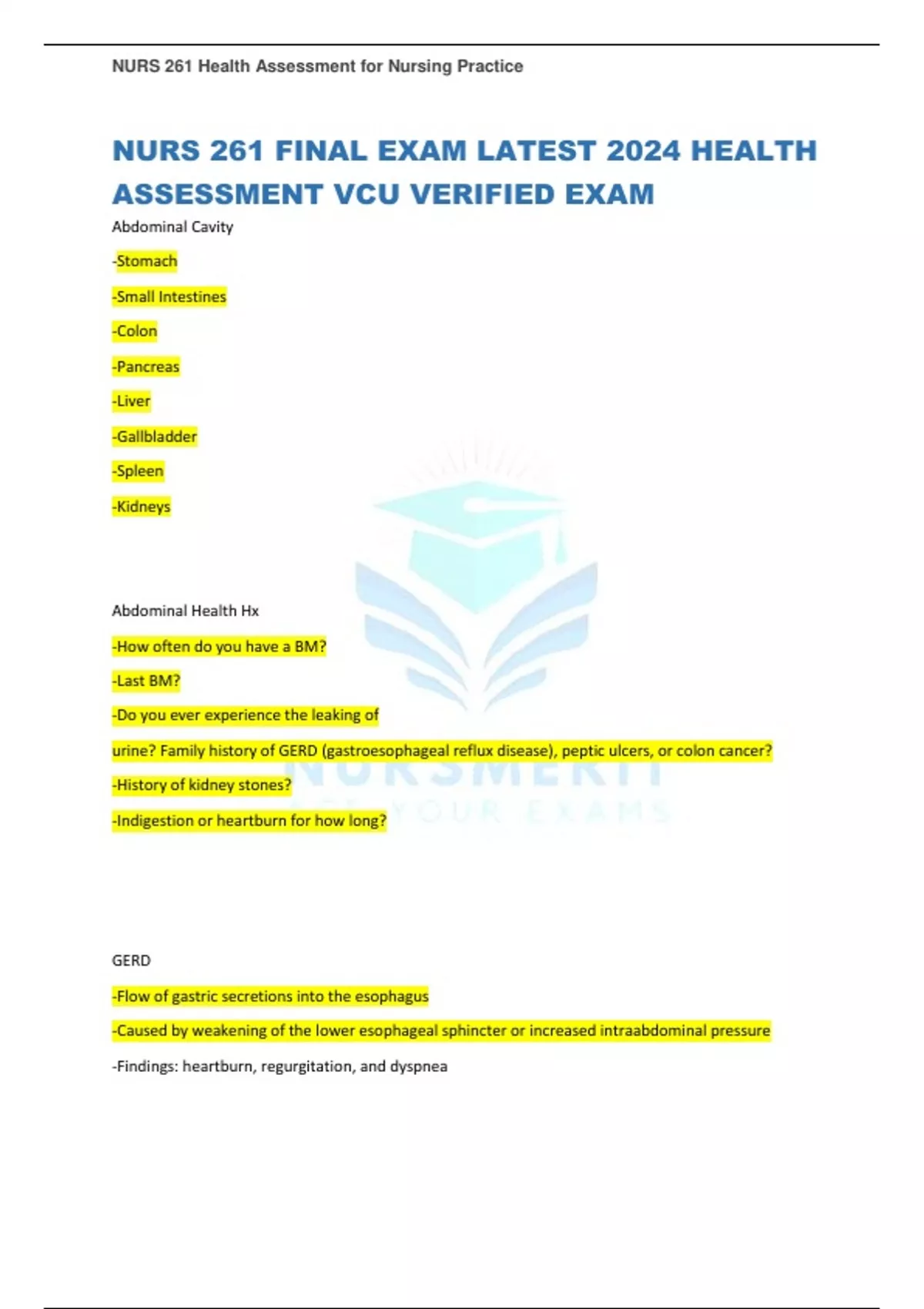 NURS 261 FINAL EXAM LATEST 2024 HEALTH ASSESSMENT VCU VERIFIED EXAM ...