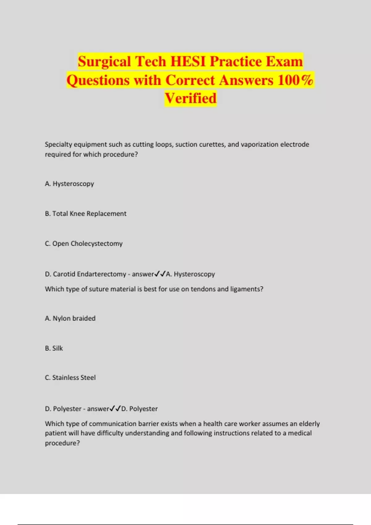 Surgical Tech HESI Practice Exam Questions with Correct Answers 100% ...