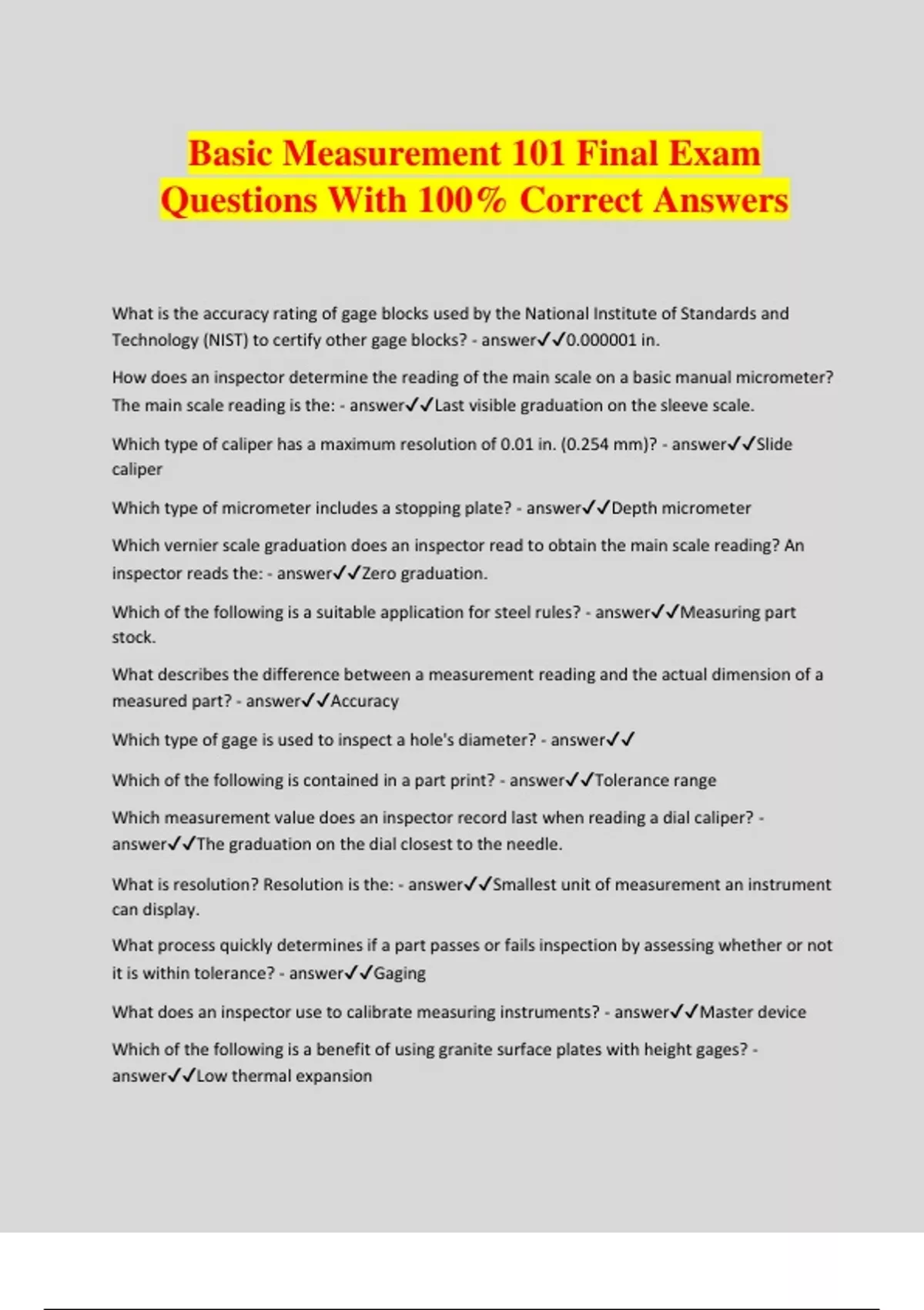 Basic Measurement 101 Final Exam Questions With 100% Correct Answers - Tooling U - Stuvia US