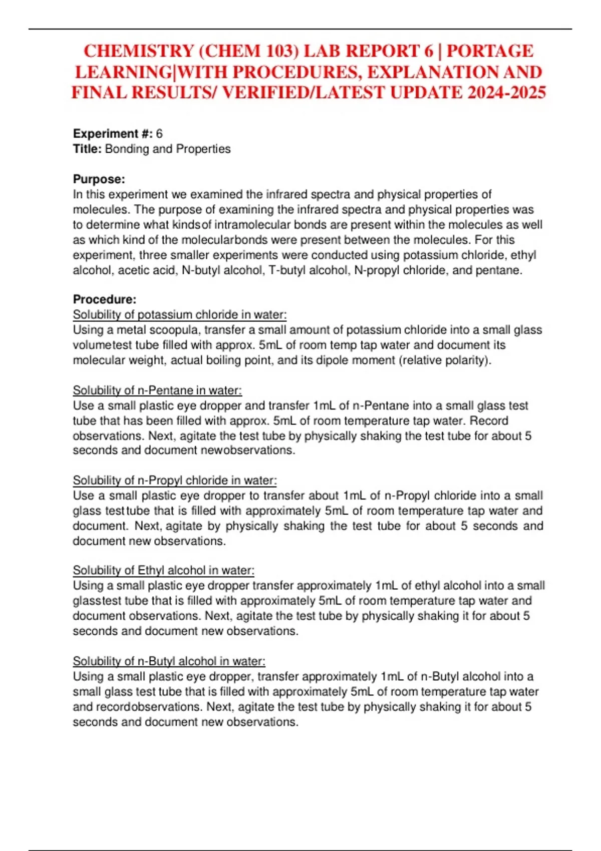 CHEMISTRY (CHEM 103) LAB REPORT 6 | PORTAGE LEARNING|WITH PROCEDURES ...