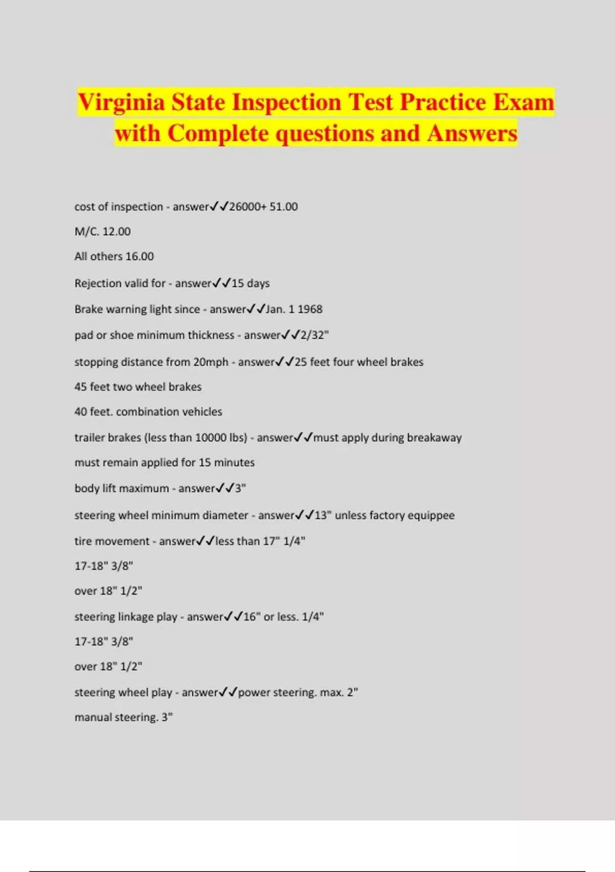 Virginia State Inspection Test Practice Exam with Complete questions ...
