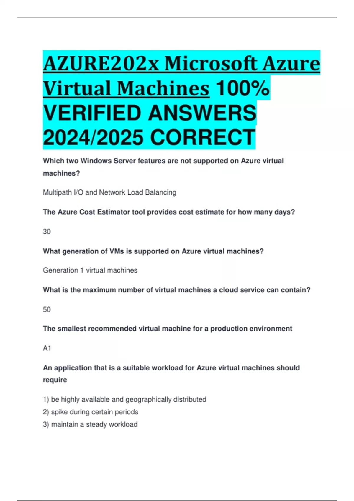 AZURE202x Microsoft Azure Virtual Machines 100% VERIFIED ANSWERS 2024/ ...